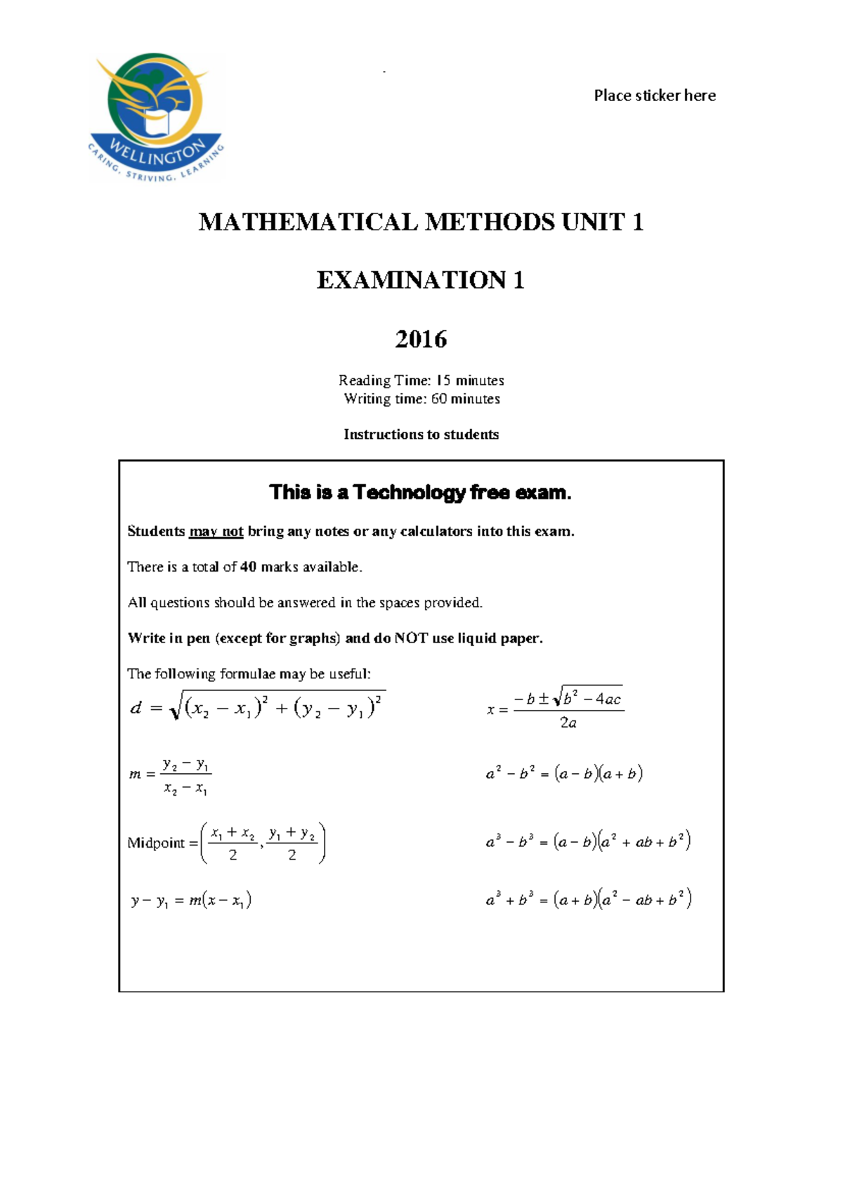 2016 MM Unit 1 Exam 1 Tech Free - . Place sticker here MATHEMATICAL METHODS UNIT 1 EXAMINATION 1 ...