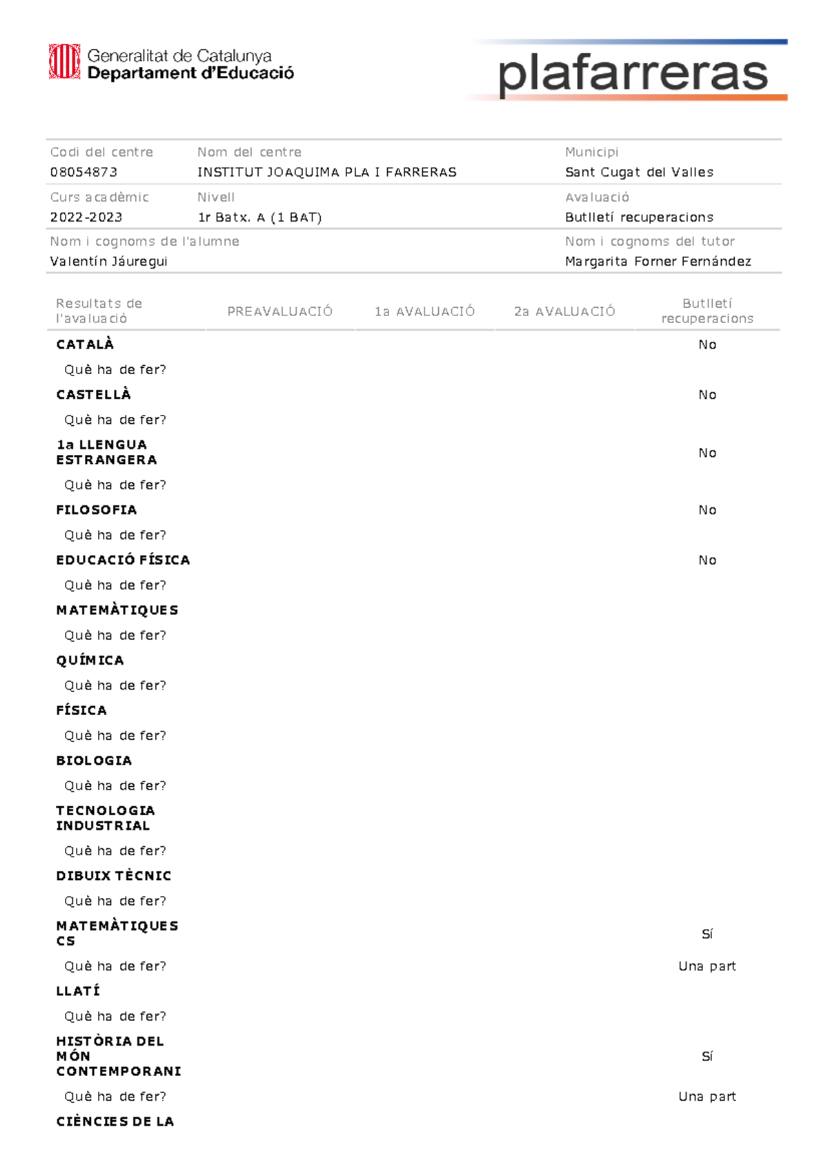 Institut Joaquima PLA I Farreras 1r Batx. A 20222023 Valentin Jauregui ...