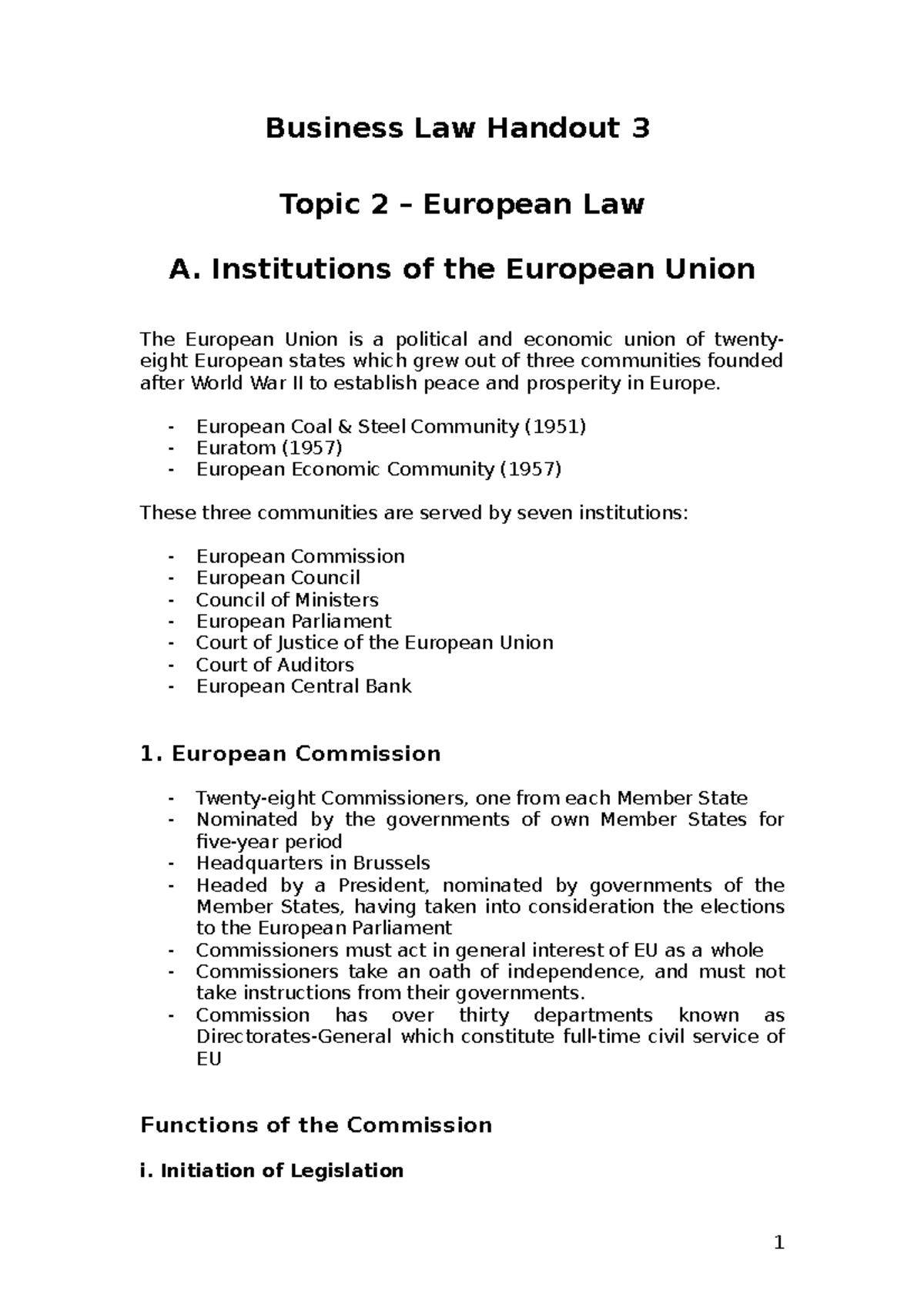 Handout 3 - EU Law - Business Law - Business Law Handout 3 Topic 2 ...
