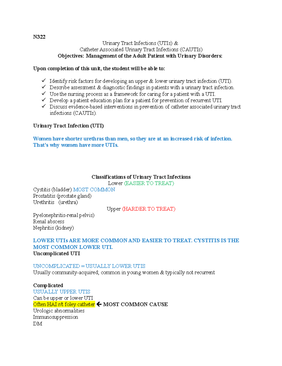 UTI - UTI notes - N Urinary Tract Infections (UTIs) & Catheter ...