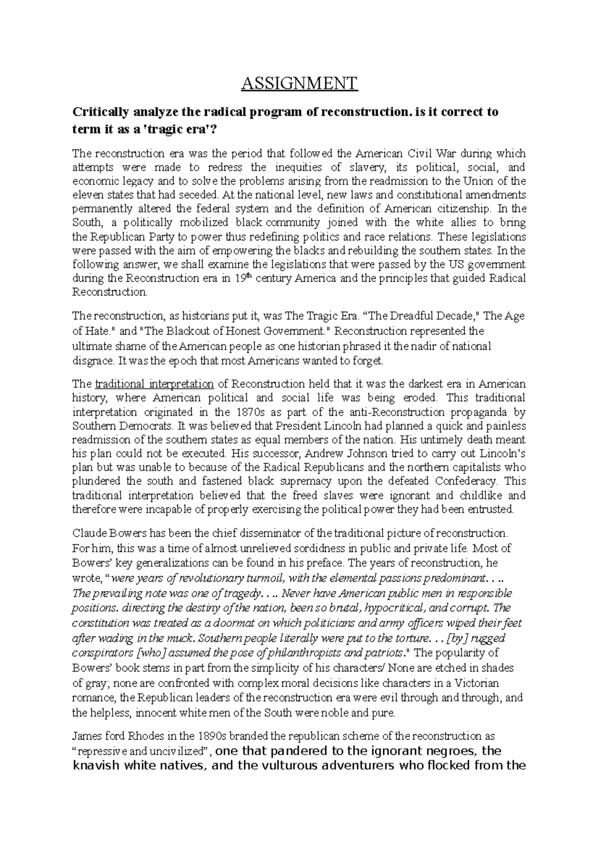 America assignment - ASSIGNMENT Critically analyze the radical program ...