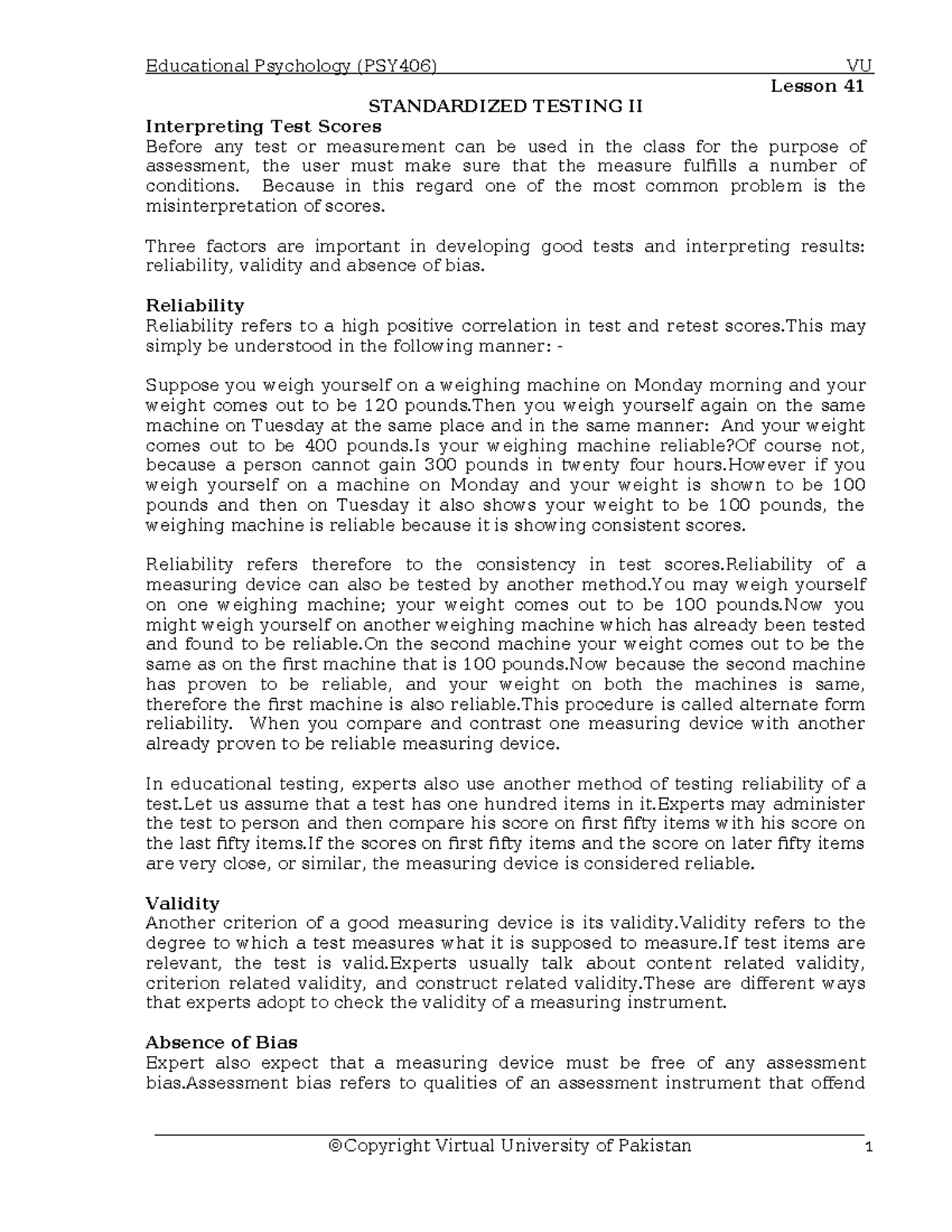 PSY406 Marked Handout 5 - Lesson 41 STANDARDIZED TESTING II ...