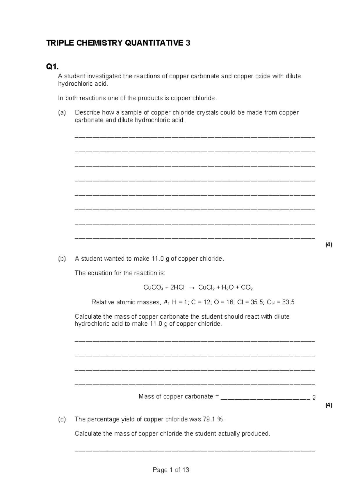 Triple chemistry Quant 3 - TRIPLE CHEMISTRY QUANTITATIVE 3 Q1. A ...