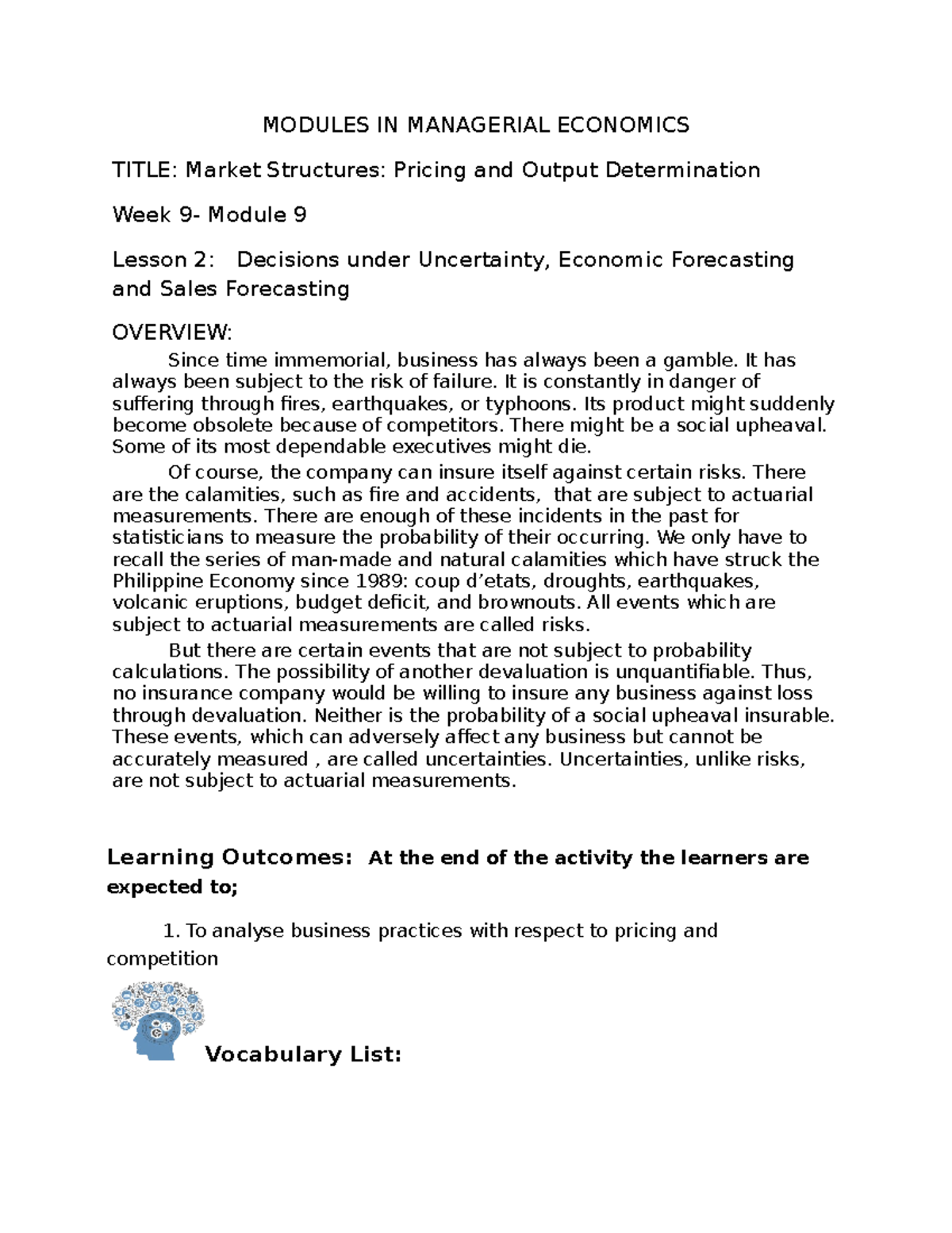 Managerial- Economics - MODULES IN MANAGERIAL ECONOMICS TITLE: Market ...