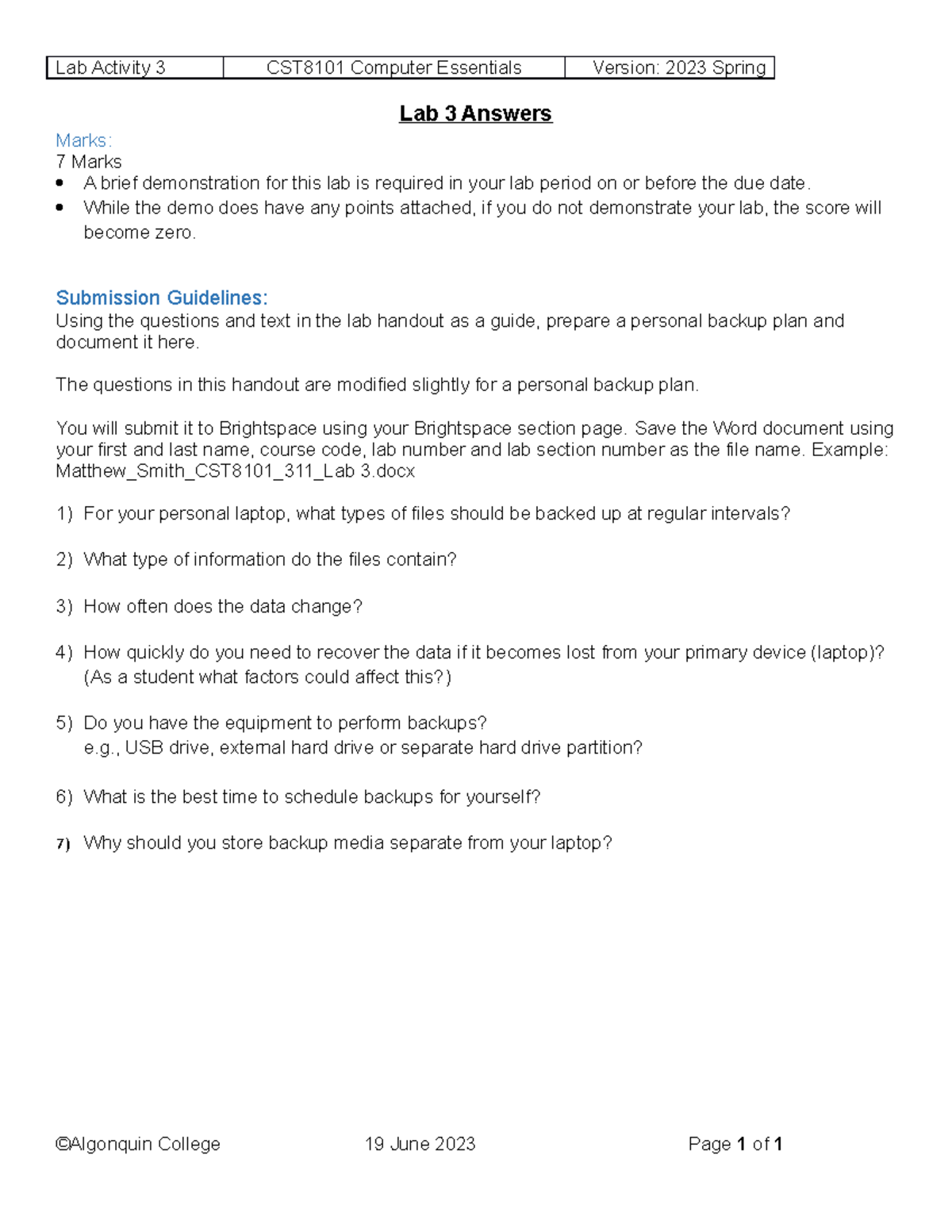 Lab Activity 03 Backup Plan (Answer Sheet) V2 - Lab Activity 3 CST8101 Computer Essentials ...