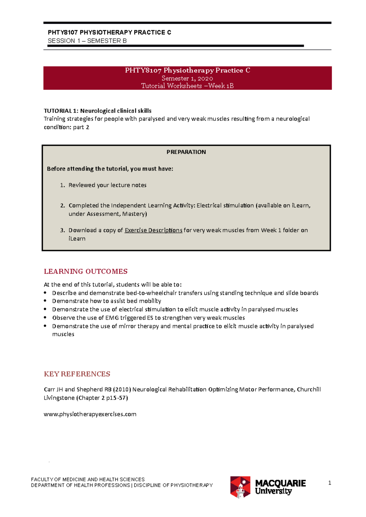 PHTY8107 W1 T2 - Detailed tutorial notes - PHTY8107 Physiotherapy ...