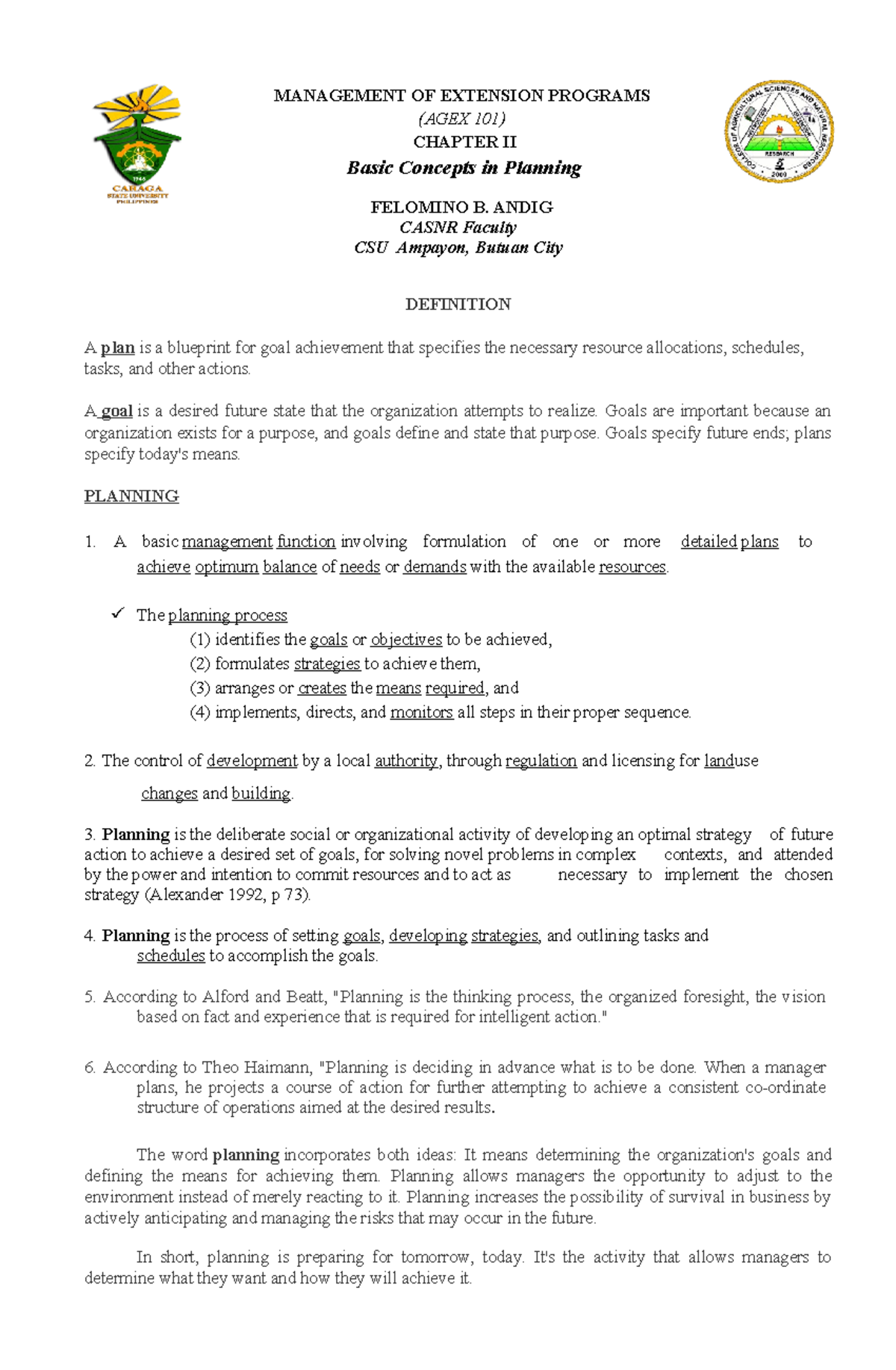 AGEX 101 - Chapter II Basic Concepts in Planning - MANAGEMENT OF ...