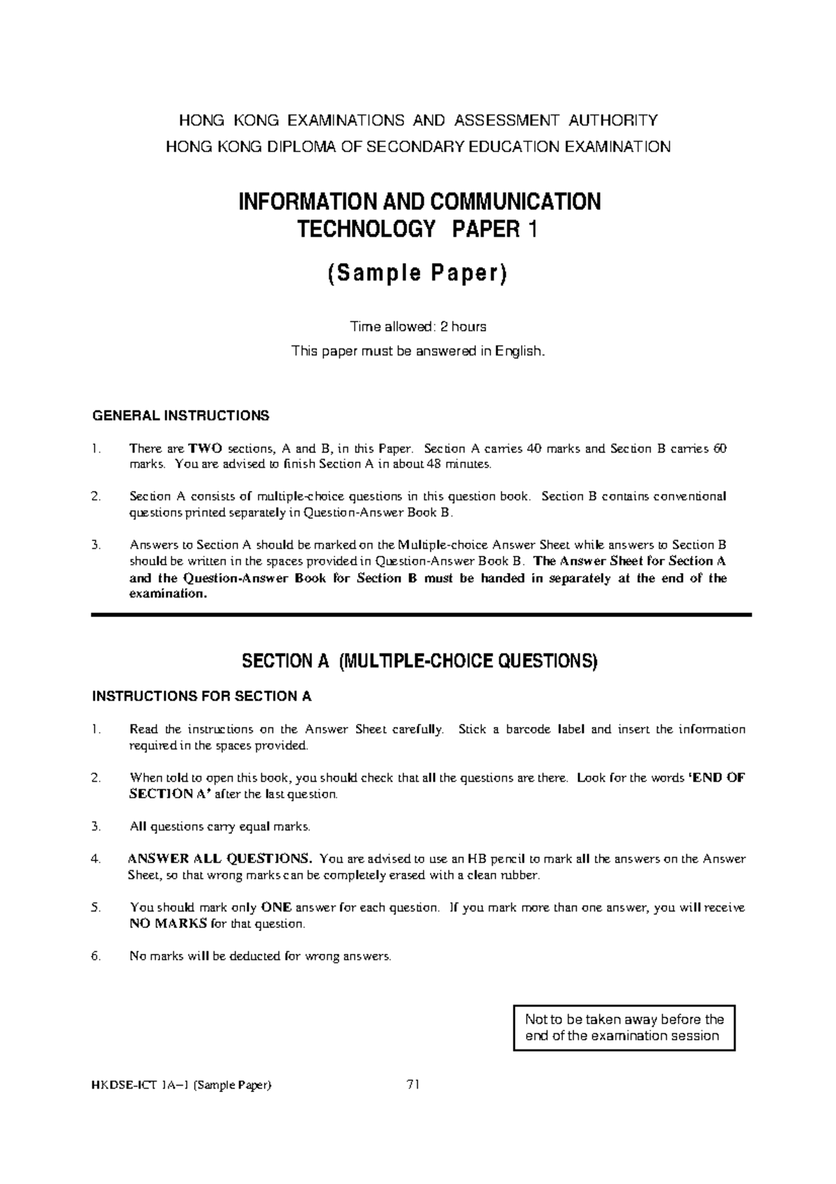 Ict samplepaper paper 1 2d e - HKDSE-ICT 1A−1 (Sample Paper) 71 Not to ...