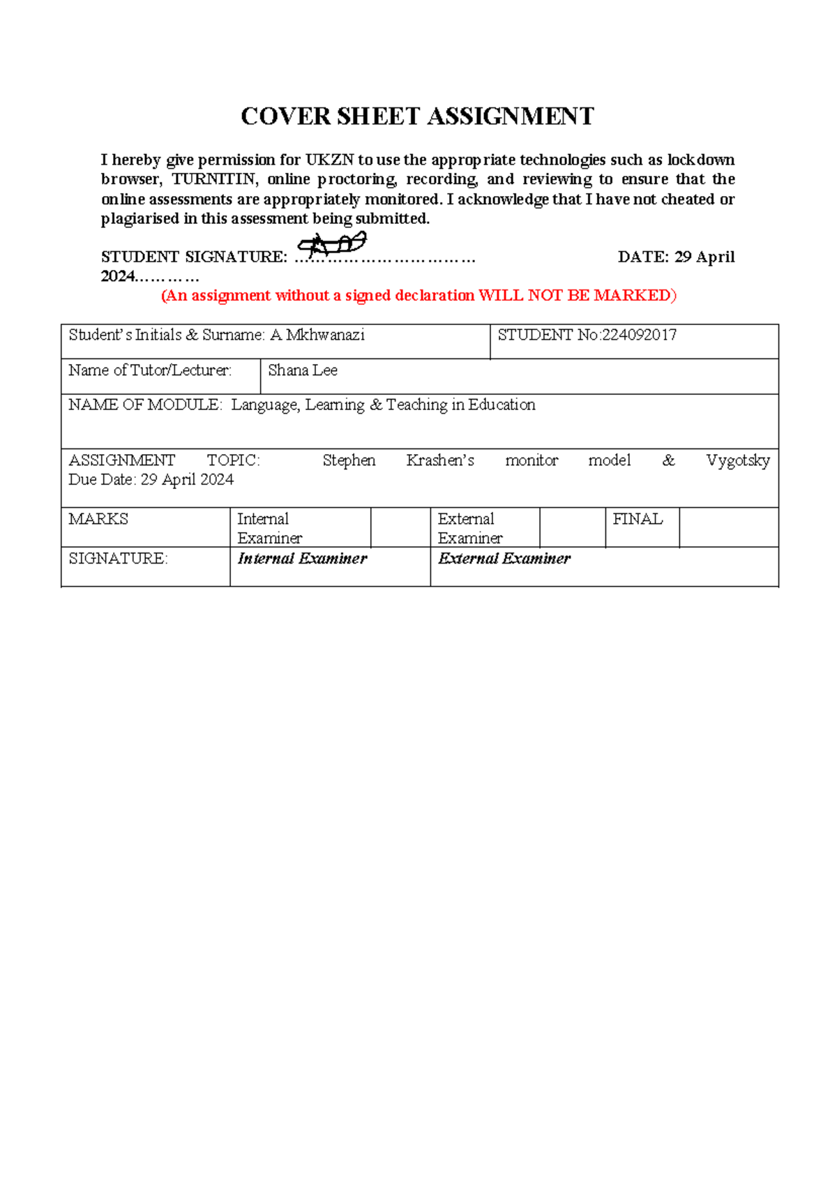 Assignment Cover Page - EDAC111 economics and management - COVER SHEET ...
