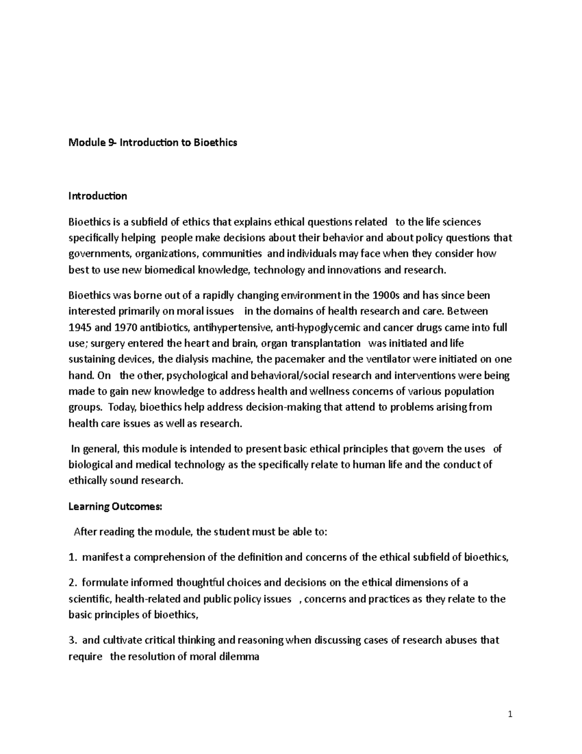 Bioethics module for GE Ethics final 1 - Module 9- Introduction to ...