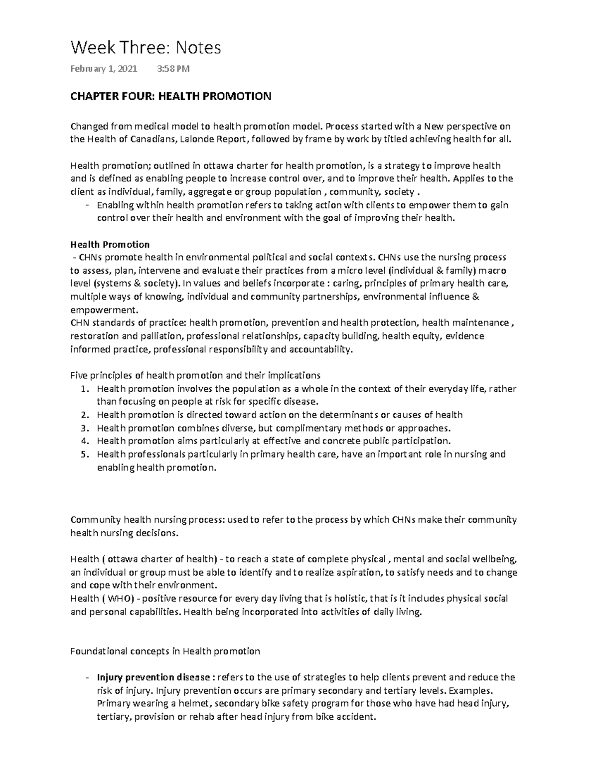 Week Three Notes - CHAPTER FOUR: HEALTH PROMOTION Changed from medical ...