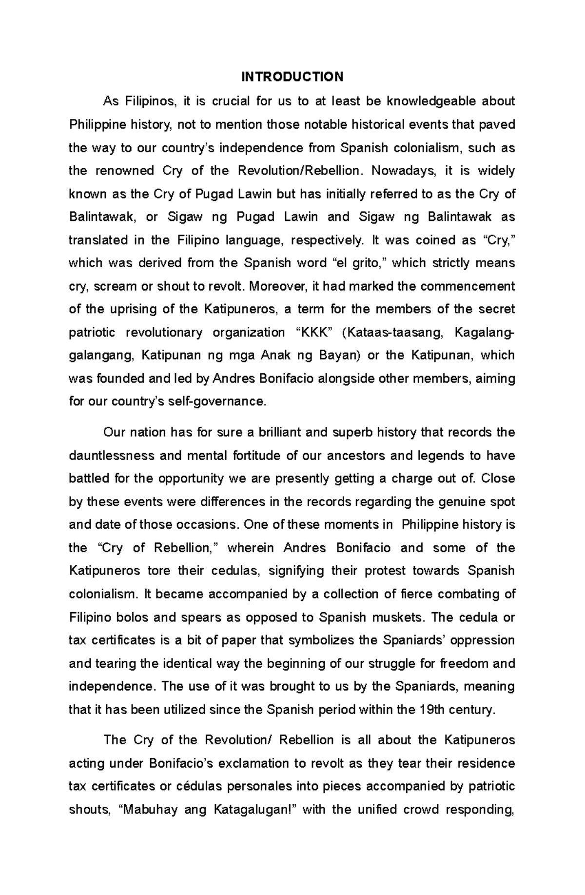 Intro-body - hope this help - INTRODUCTION As Filipinos, it is crucial ...