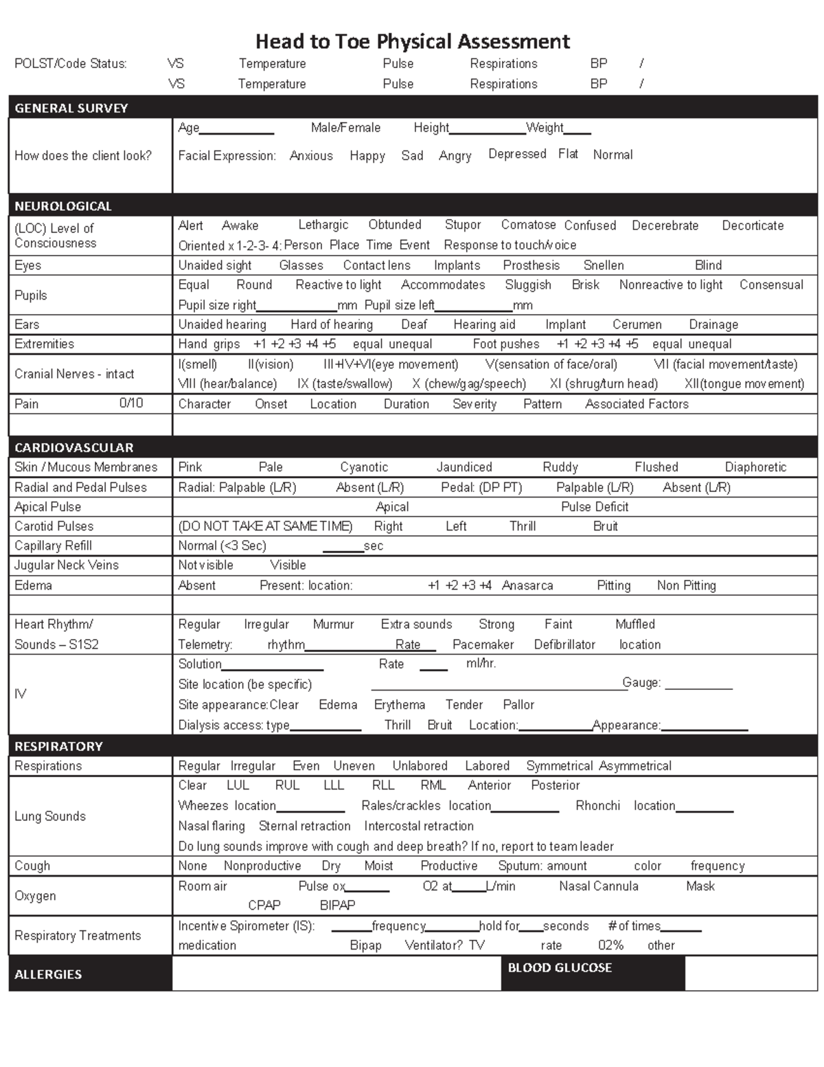 Flowsheet Assessment Documentation - Head to Toe Physical Assessment ...