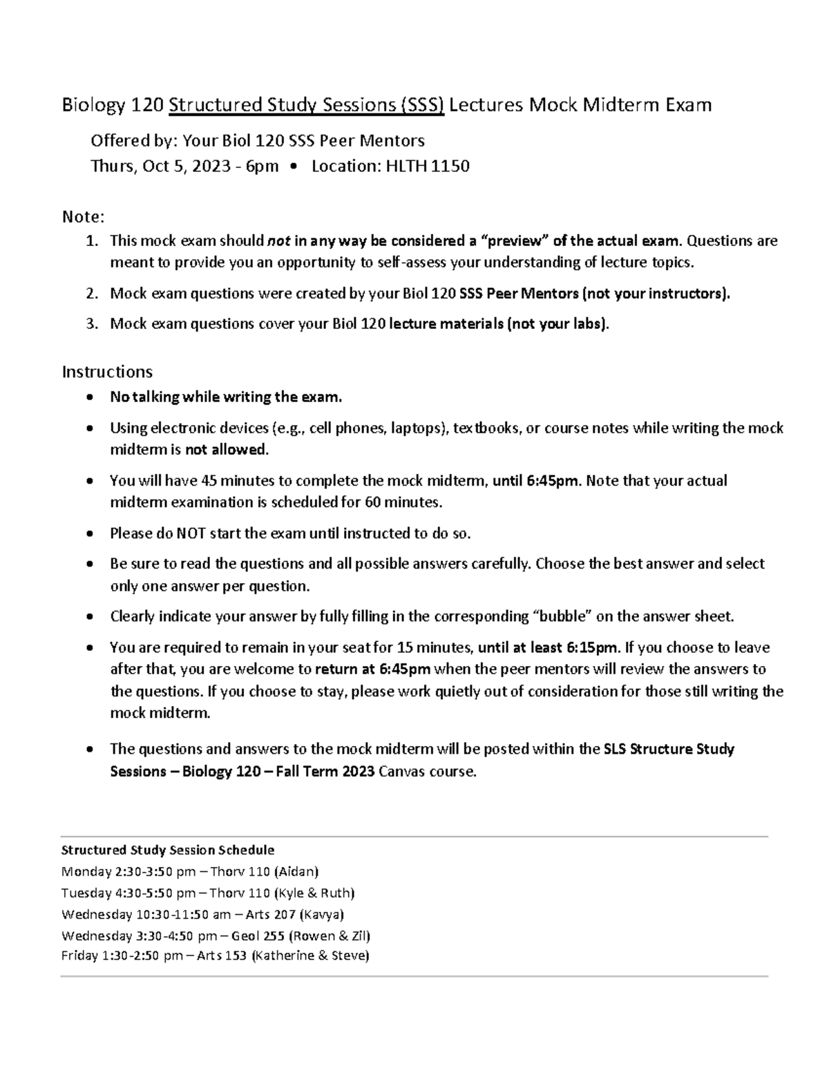 Biol 120.3 Mock Midterm Oct 5, 2023 - Biology 120 Structured Study ...