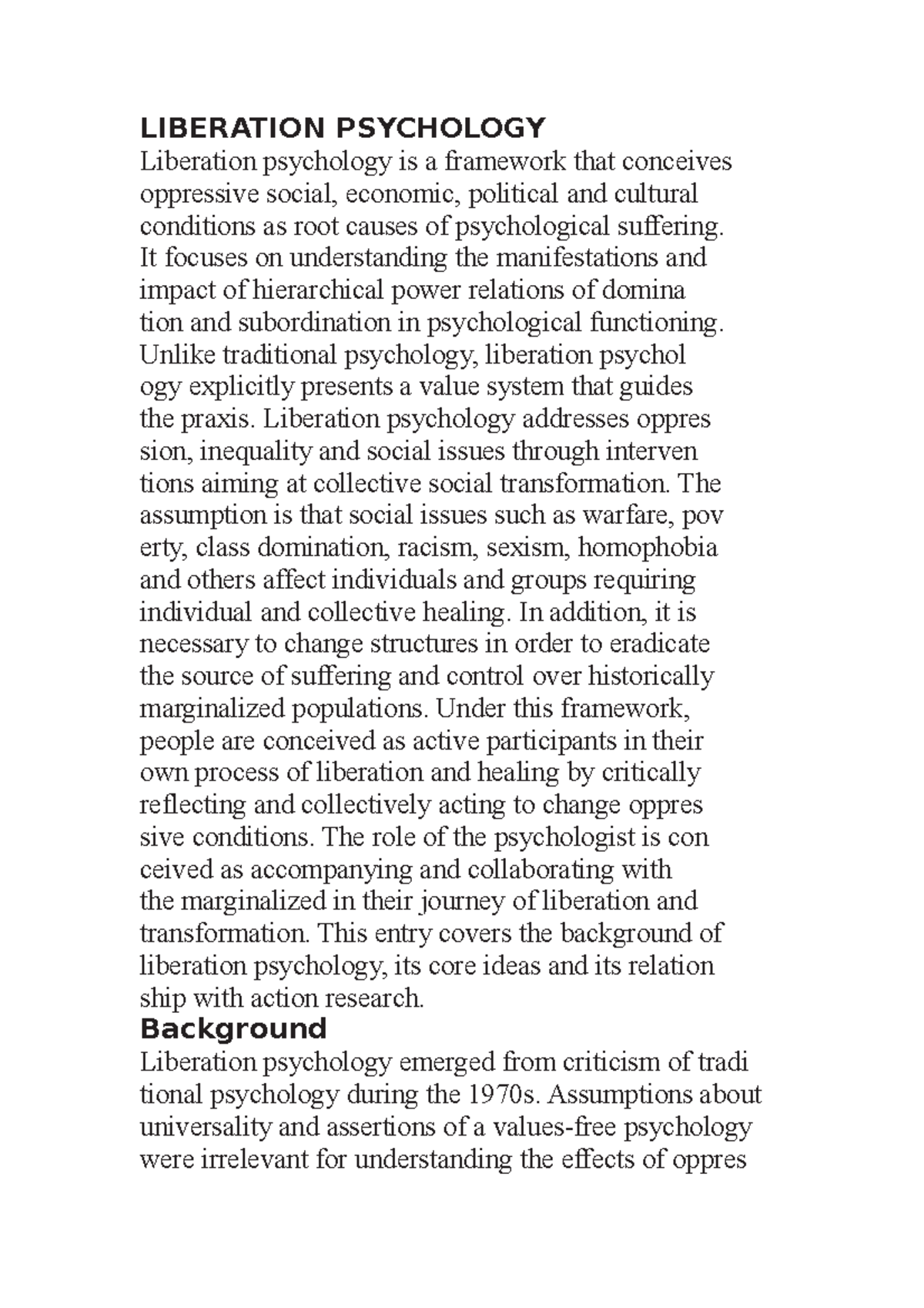 Liberation Psychology - LIBERATION PSYCHOLOGY Liberation psychology is ...
