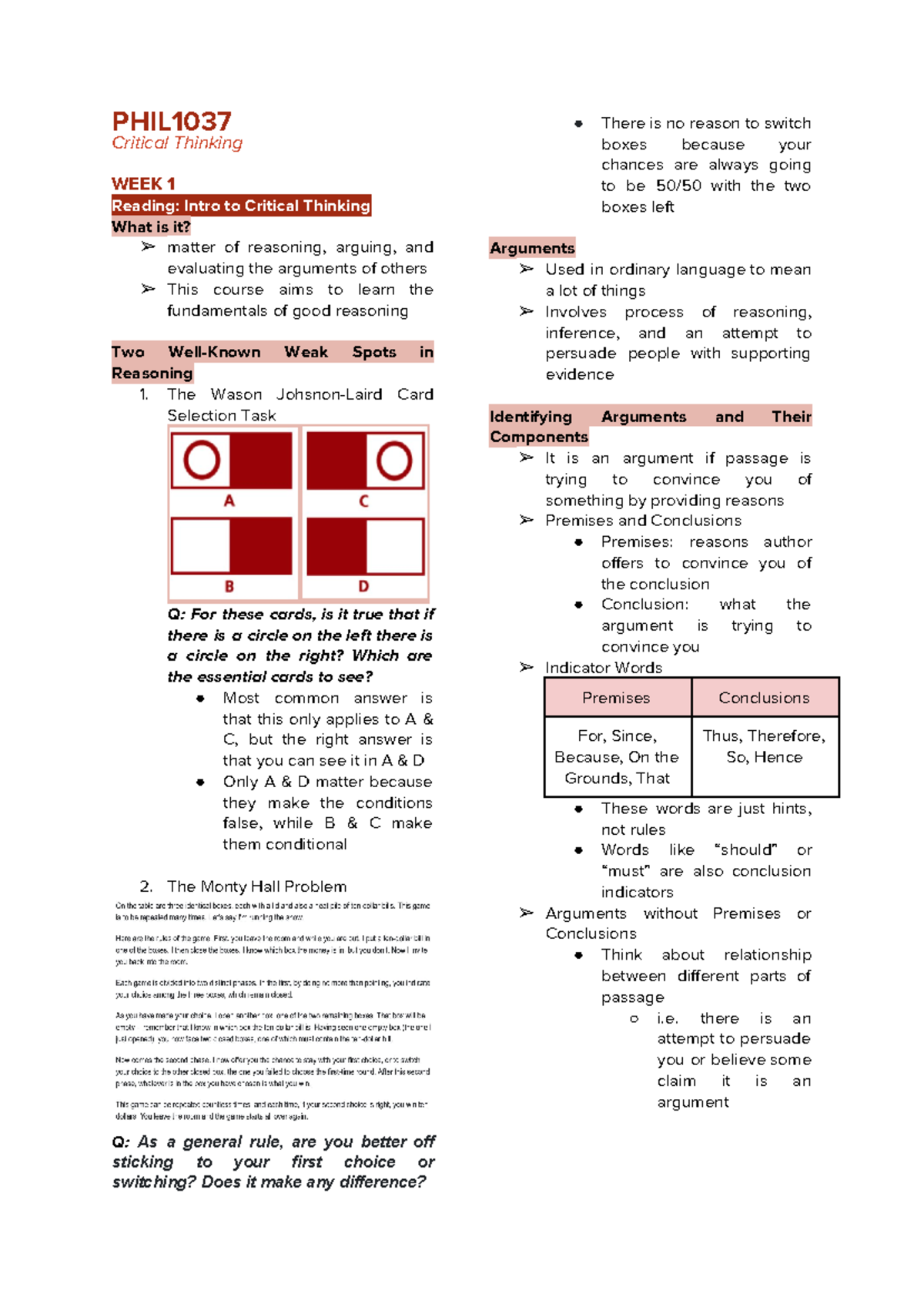 PHIL1037 - week 1 notes - PHIL1037 Critical Thinking WEEK 1 Reading ...