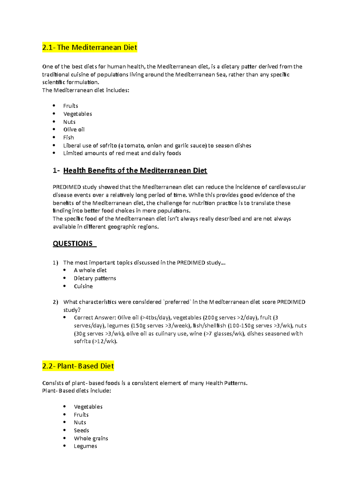 Summary of module 1, topic 2-4 - 2- The Mediterranean Diet One of the ...