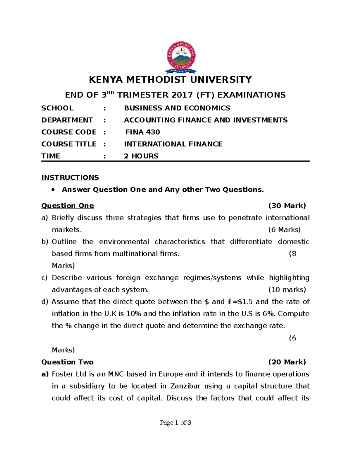 International Finance (FINA 430) 3rd Trimester 2017 FT - KENYA ...