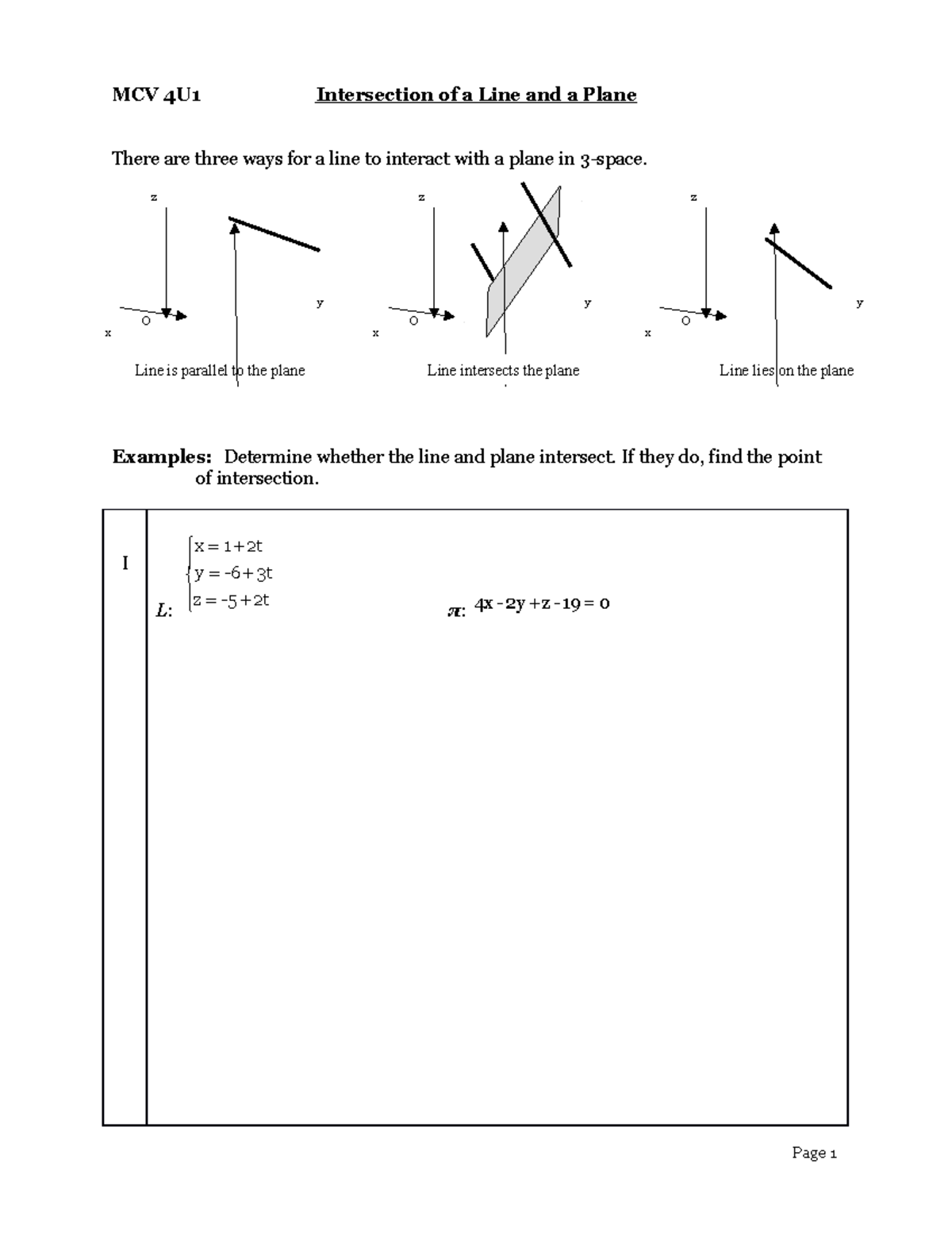 7.6 Intersection of line and plane- two planes - x y z O Line ...