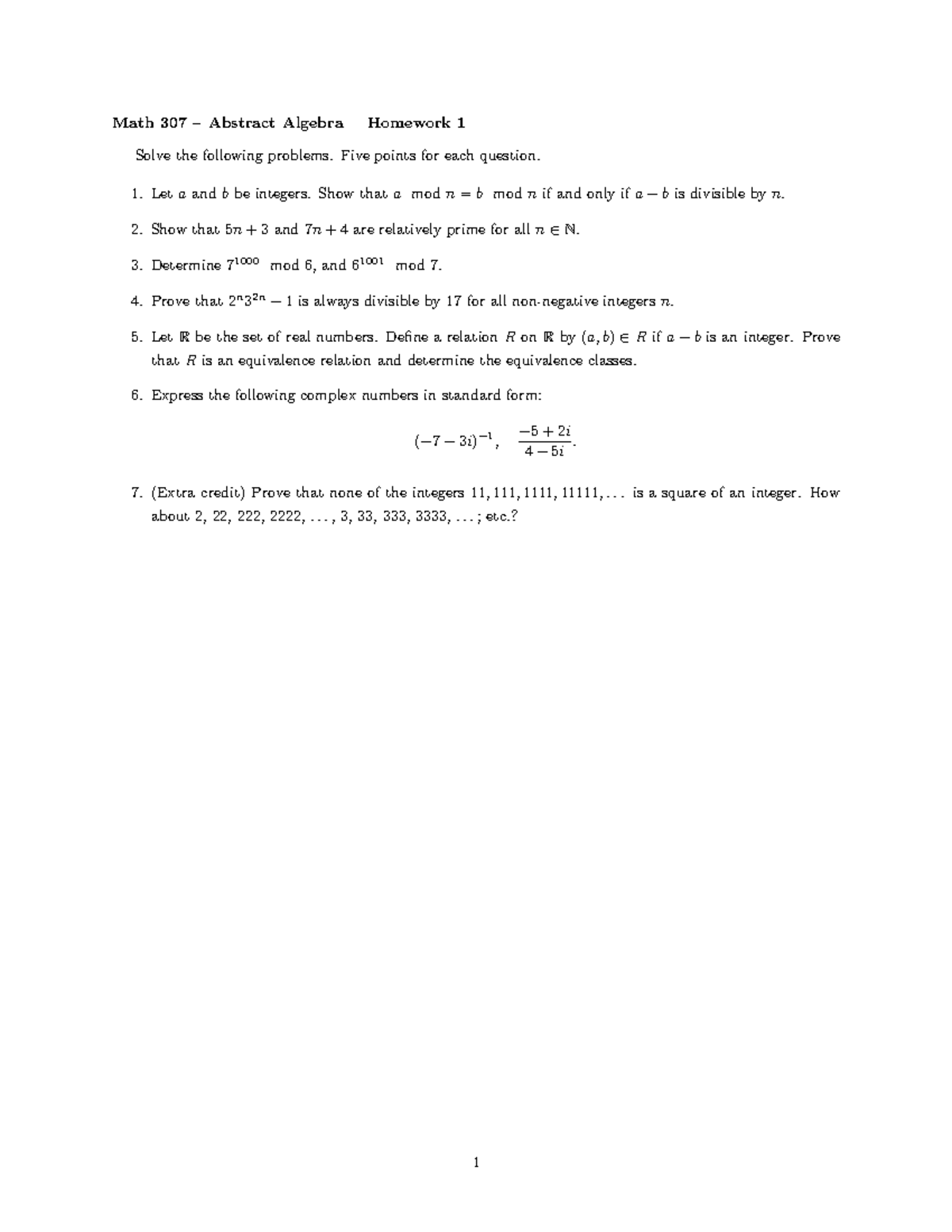 Hwk01 2 - Lecture notes - Math 307 – Abstract Algebra Homework 1 Solve ...