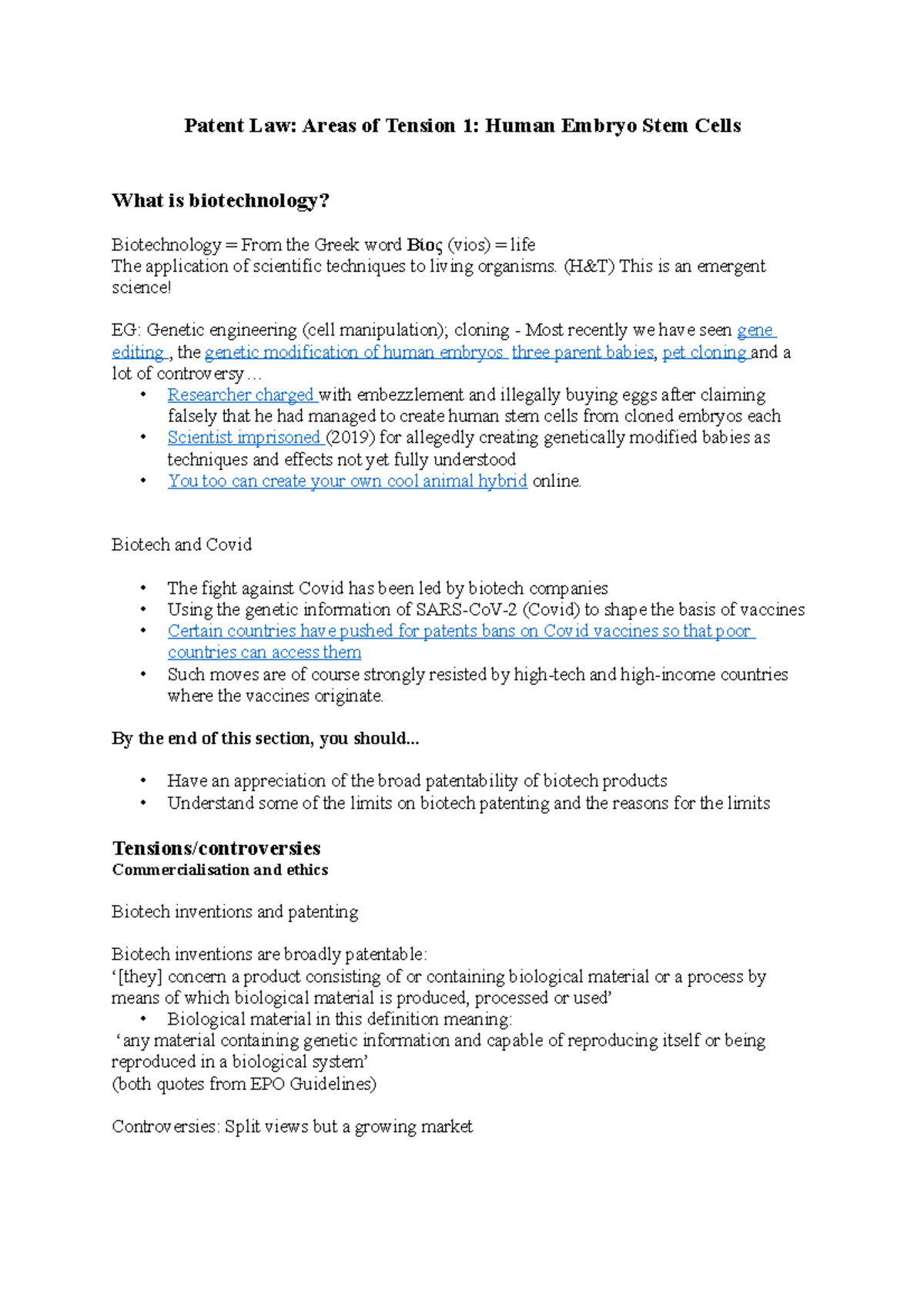 Patent Law Notes - Patent Law: Areas of Tension 1: Human Embryo Stem ...