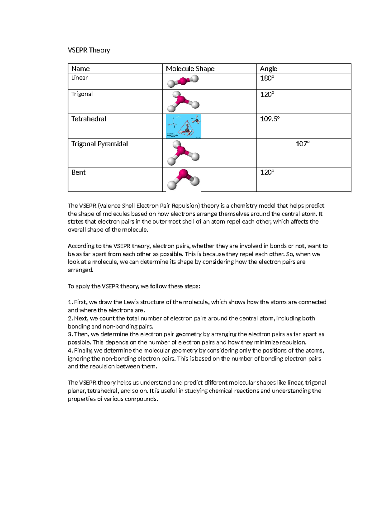 Vsepr Theory - summary notes QCE - VSEPR Theory Name Molecule Shape ...