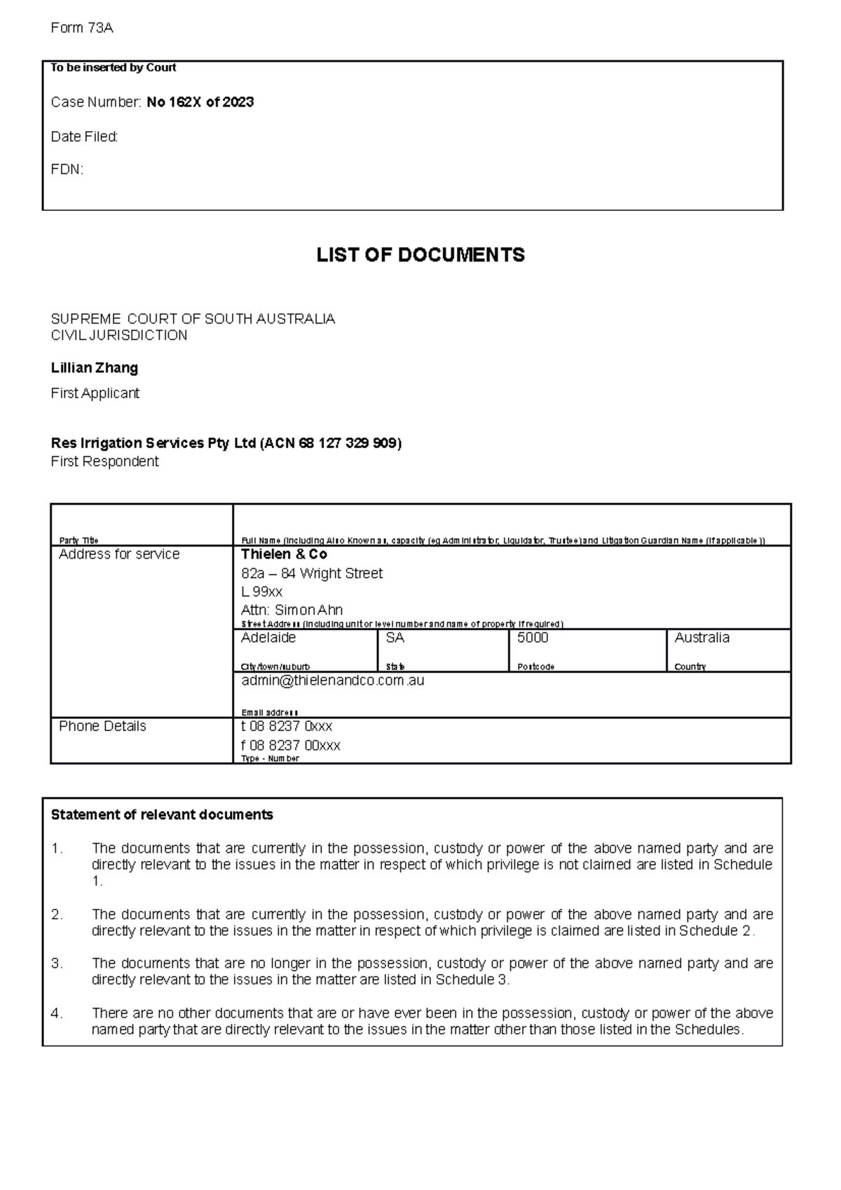Form 73A List of Documents - Physical Protocol RES Irrigation-2 - To be ...