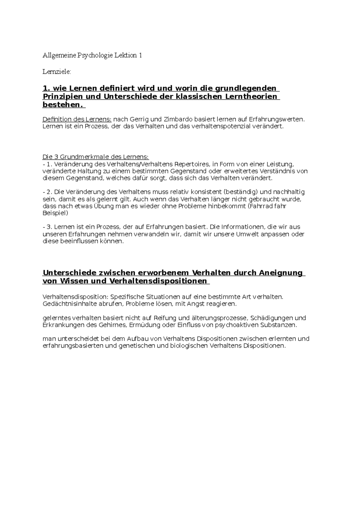 Allgemeine Psychologie Lektion 1-4 - Allgemeine Psychologie Lektion 1 Lernziele: 1. wie Lernen ...