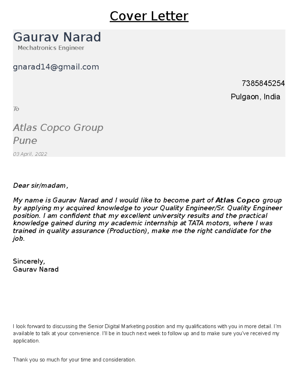 Gaurav's Cover Letter (AC) - Cover Letter Gaurav Narad Mechatronics ...