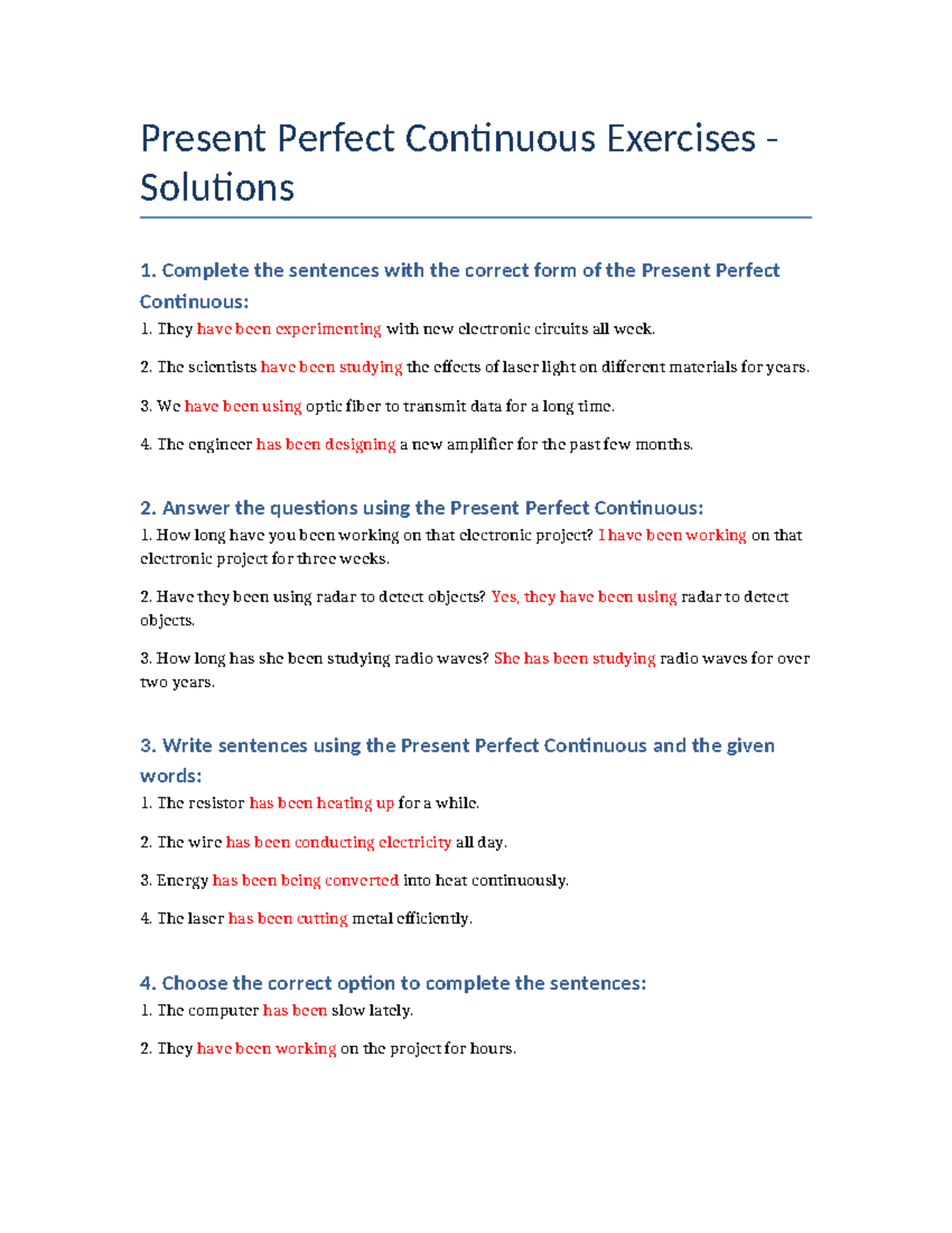 Present Perfect Continuous Solutions Colored - Present Perfect ...