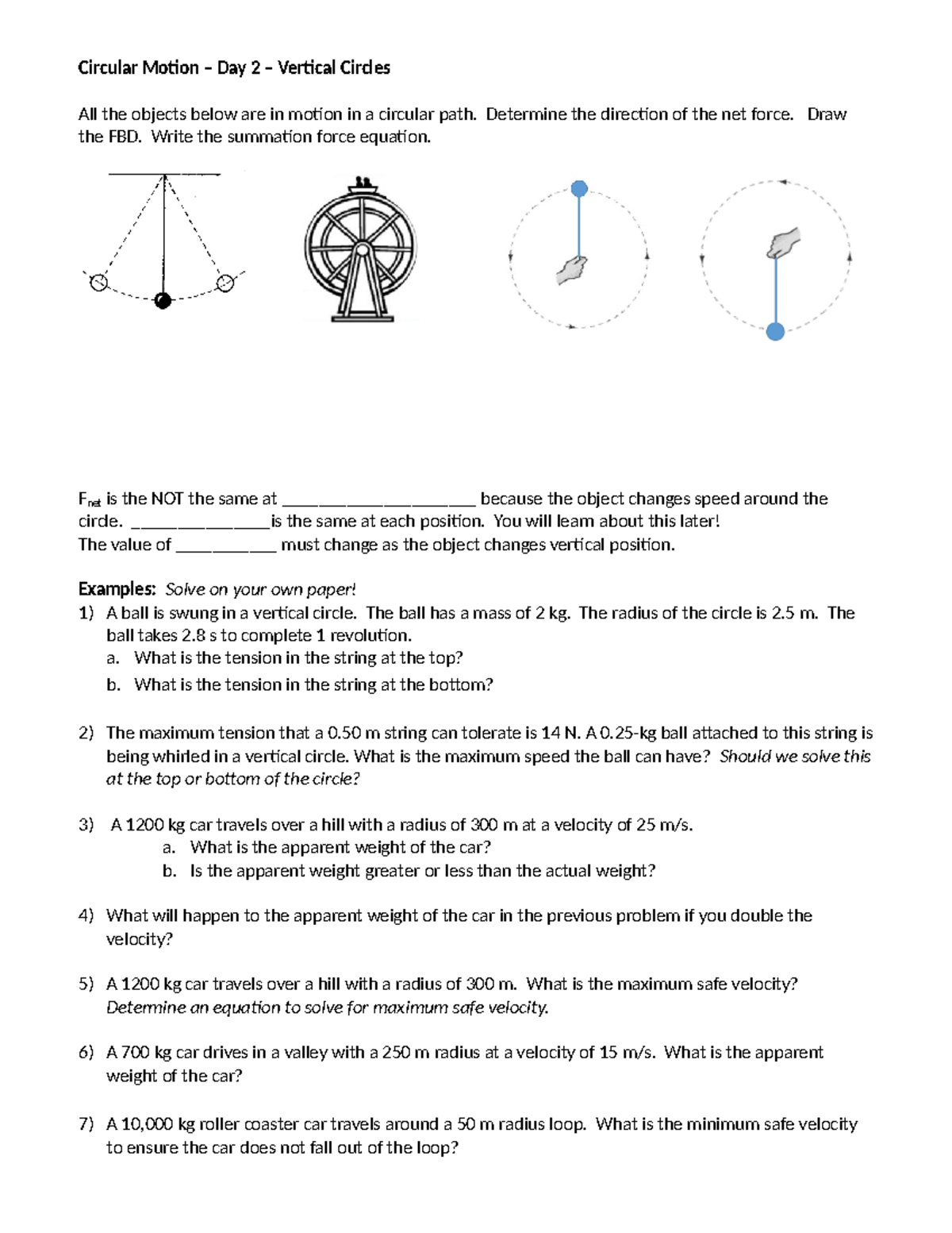 Circular Motion - Day 2 - Vertical Circles Notes and HW - Circular ...