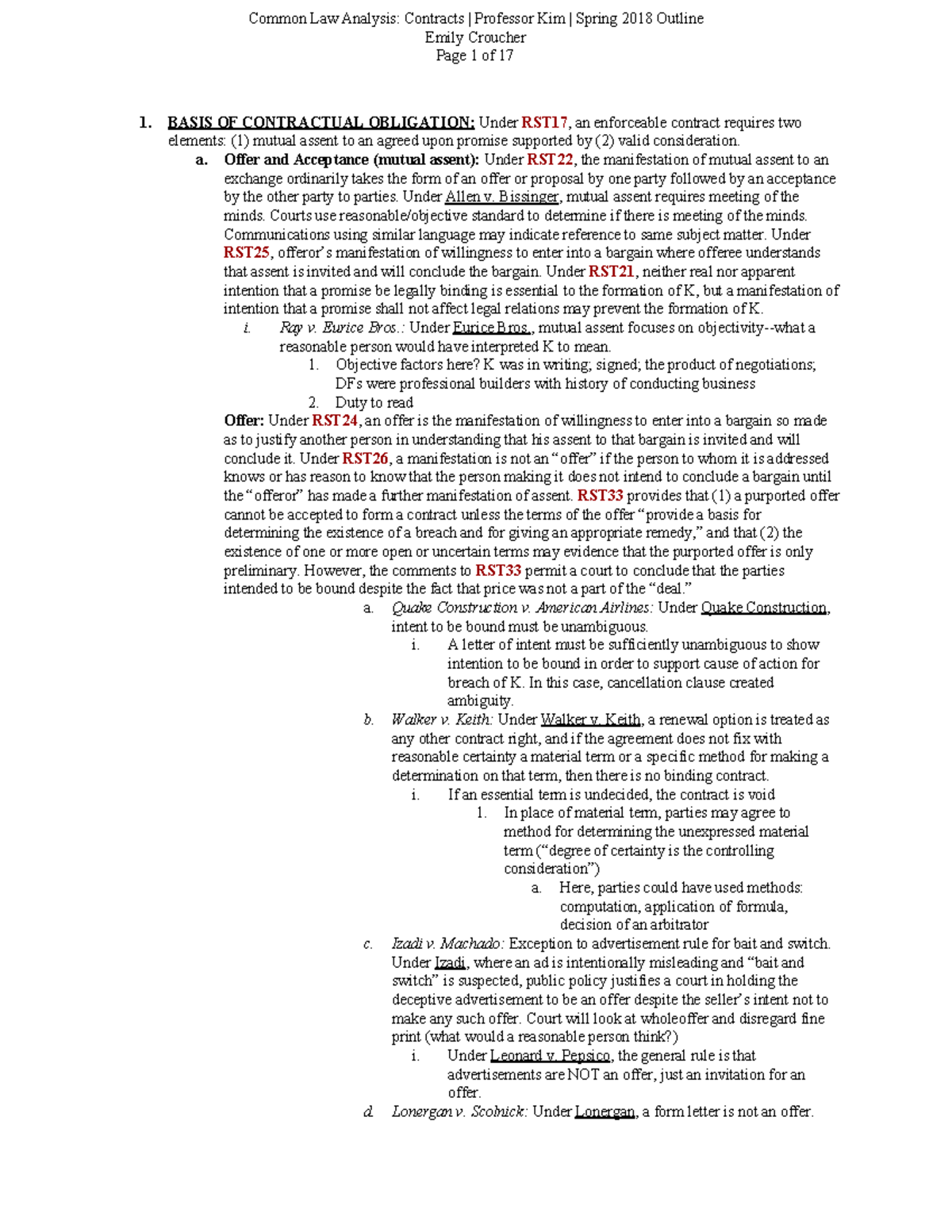 Contracts Outline - Prof. Kim - Emily Croucher Page 1 of 17 1. BASIS OF ...