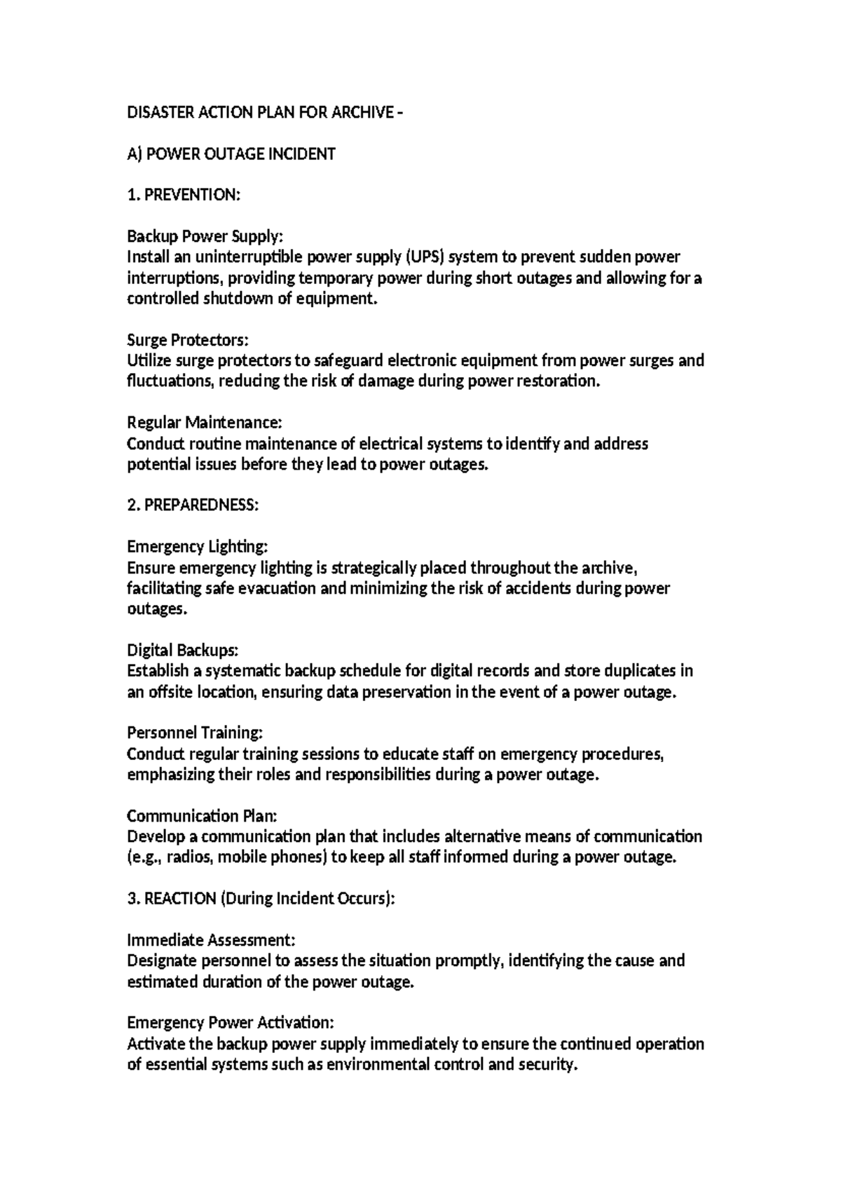 Ideas For Disaster Action PLAN FOR Archive - DISASTER ACTION PLAN FOR ...