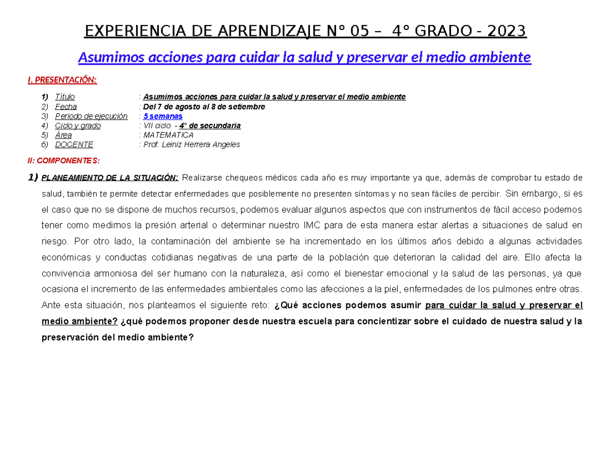 4°- Planificacion EDA 5 - EXPERIENCIA DE APRENDIZAJE N° 05 – 4° GRADO - 2023 Asumimos acciones ...