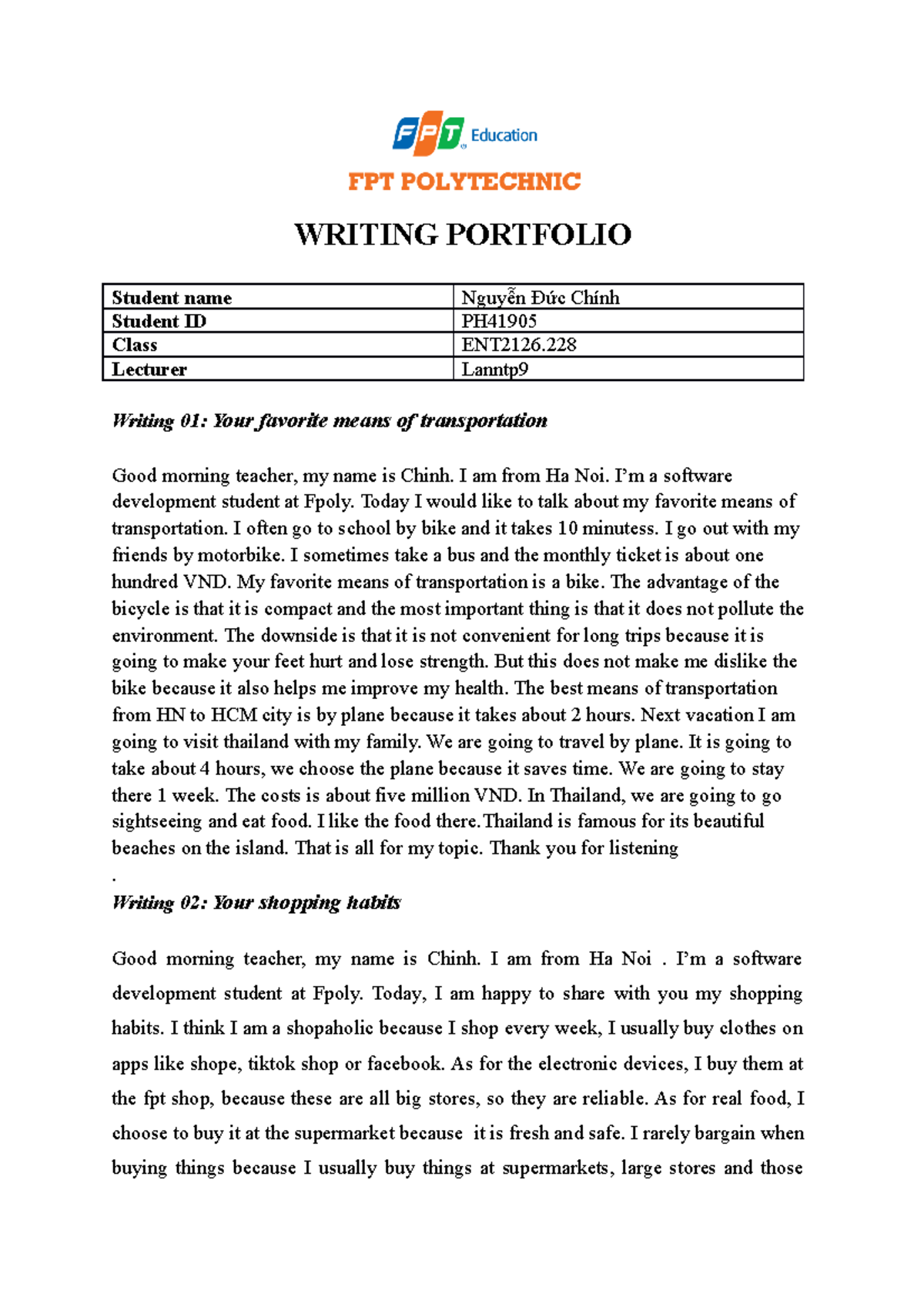 Writing Portfolio Sample - WRITING PORTFOLIO Student name Nguyễn Đức ...