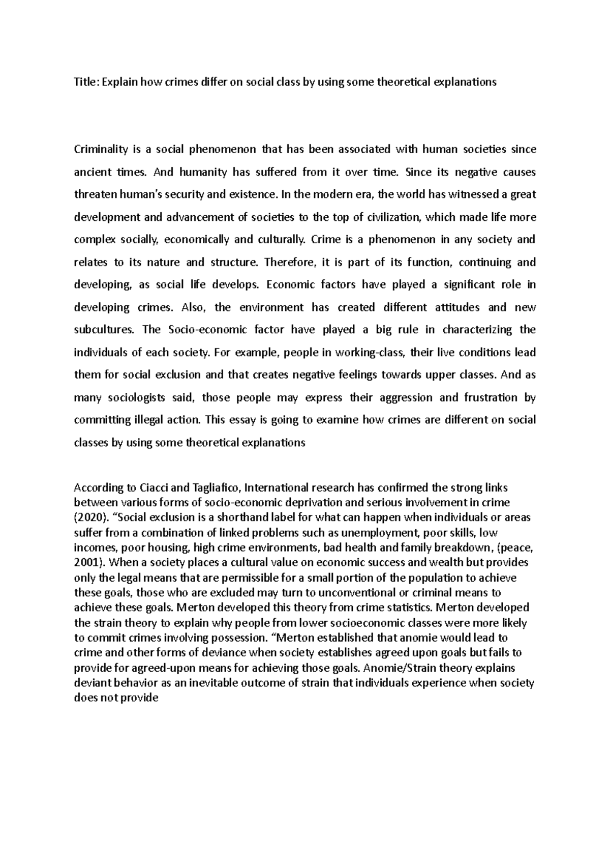 Intro to crime - Title: Explain how crimes differ on social class by ...