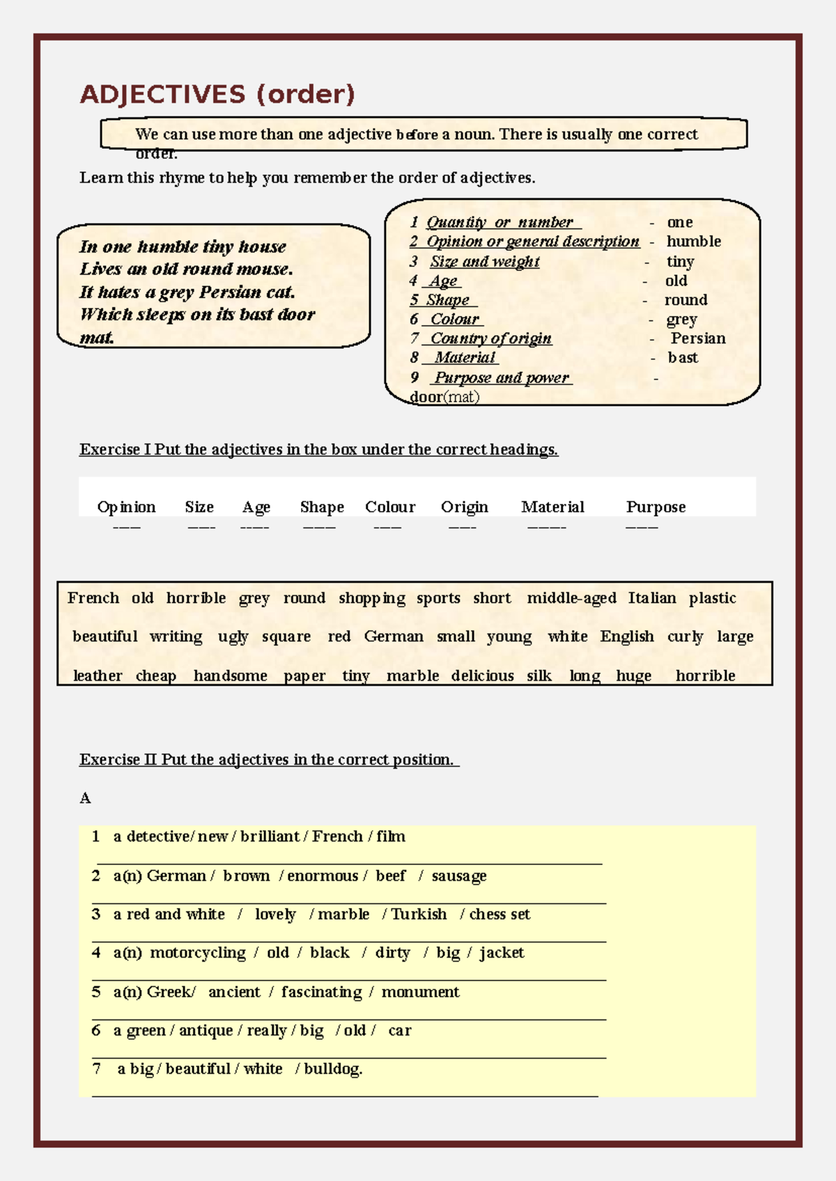 Order OF Adjectives HW2 B2 - ADJECTIVES (order) Learn this rhyme to ...