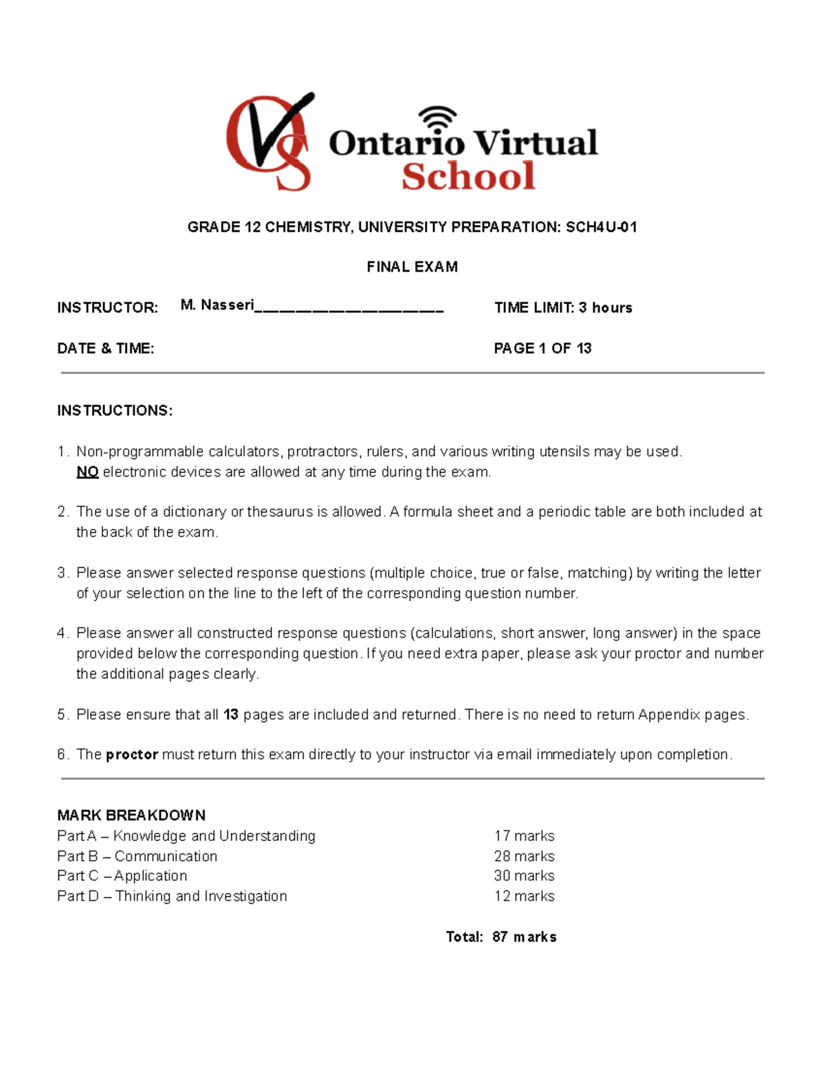 1700766943-SCH4U Exam - GRADE 12 CHEMISTRY, UNIVERSITY PREPARATION ...