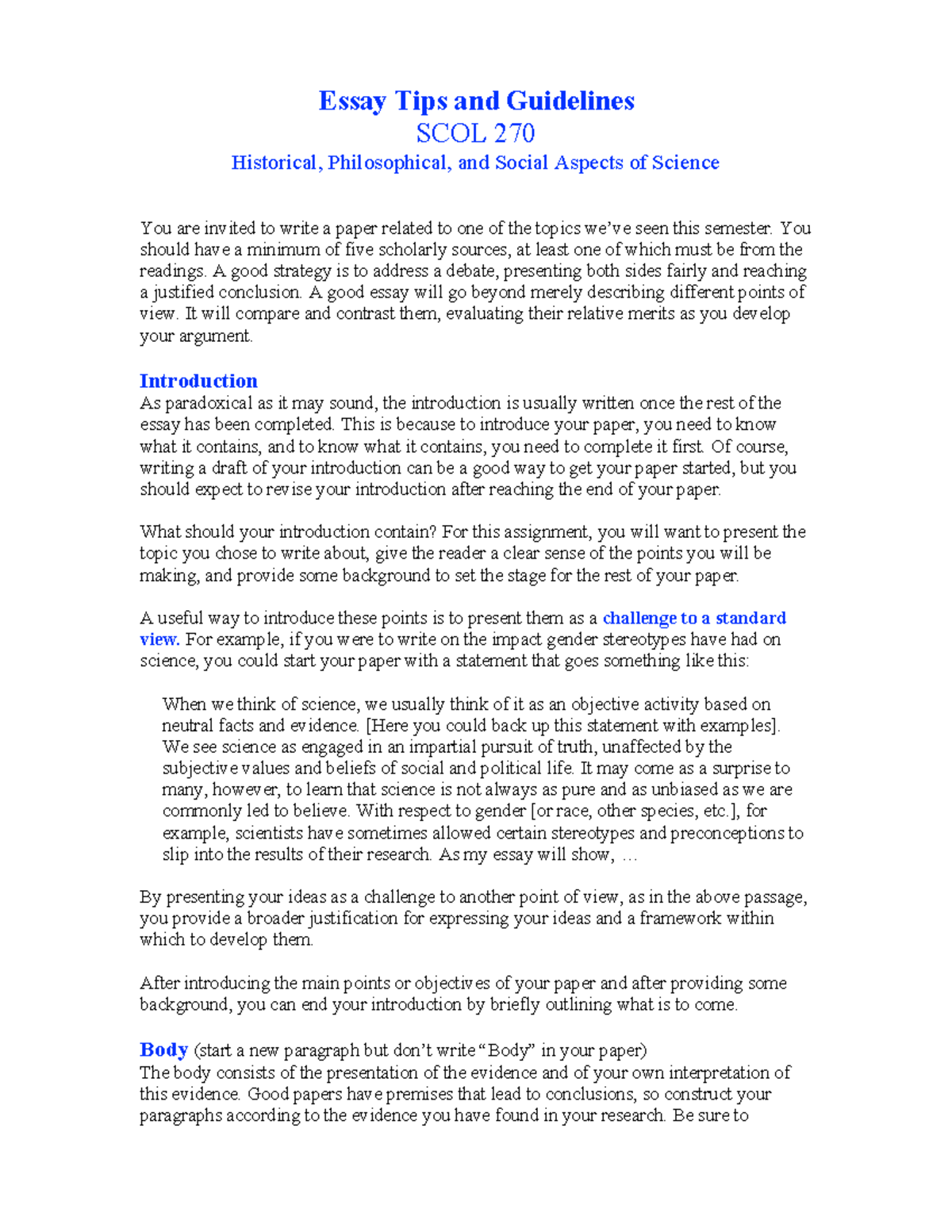 Essay Guidelines SCOL270 w24 - Essay Tips and Guidelines SCOL 270 ...