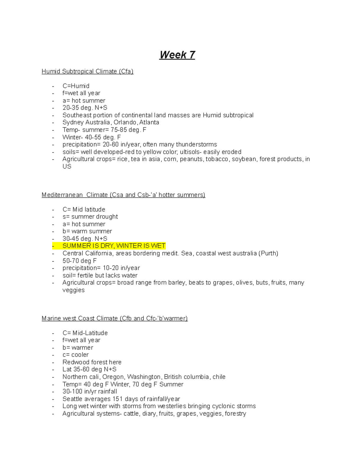 Week 7 Humid Subtropical Mediterranean Marine And West Coast Dry Mid Latitude Boreal