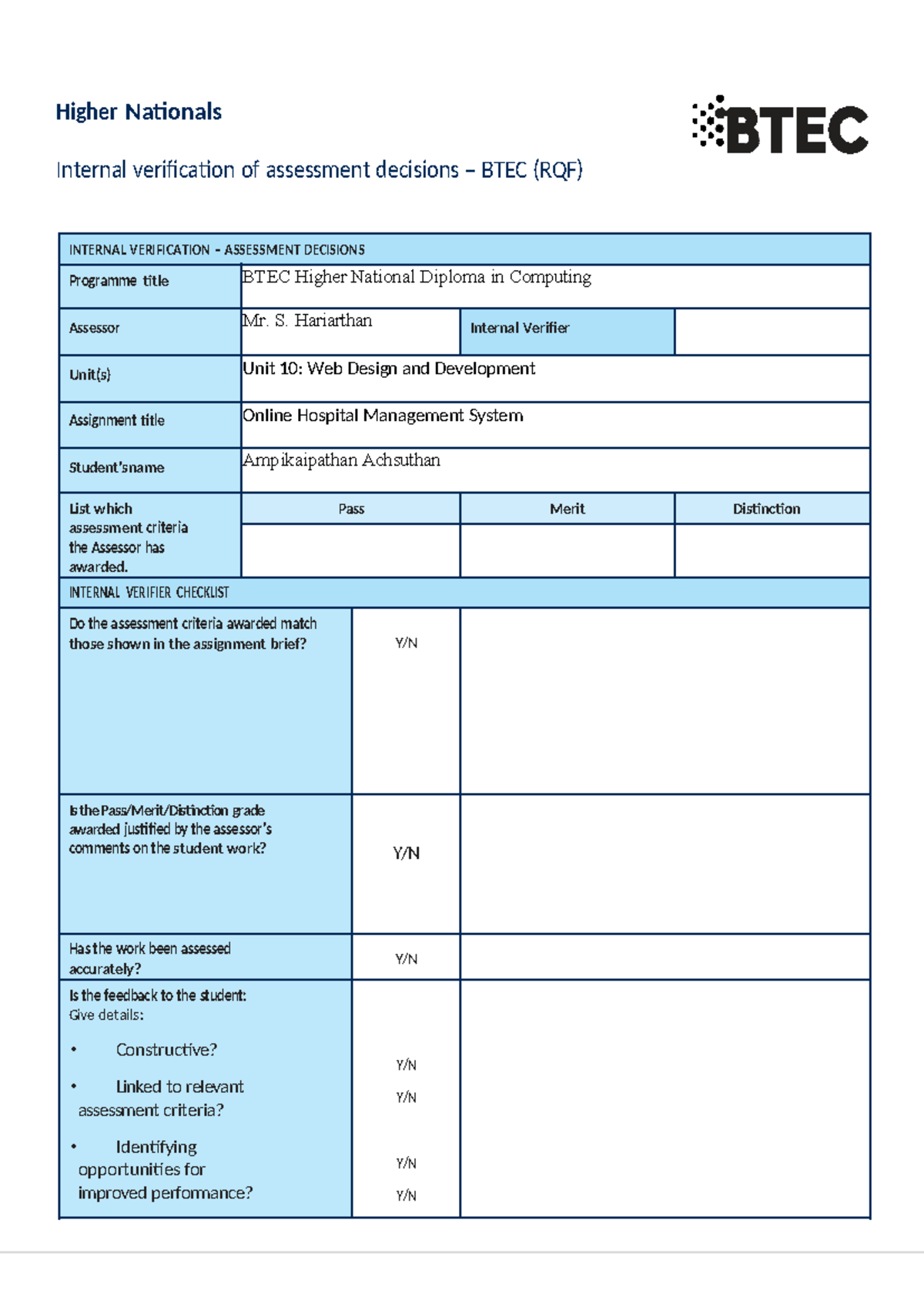 WDD - Higher Nationals Internal verification of assessment decisions ...