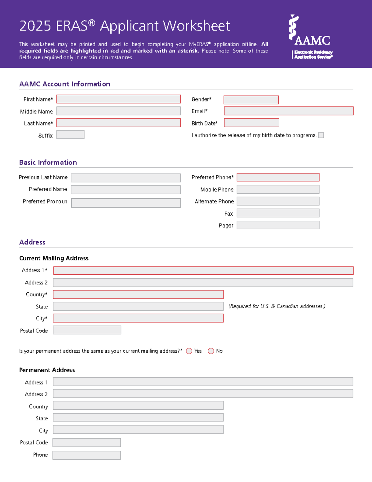 2025 ERAS Applicant Worksheet 5-22 - AAMC Account Information First ...