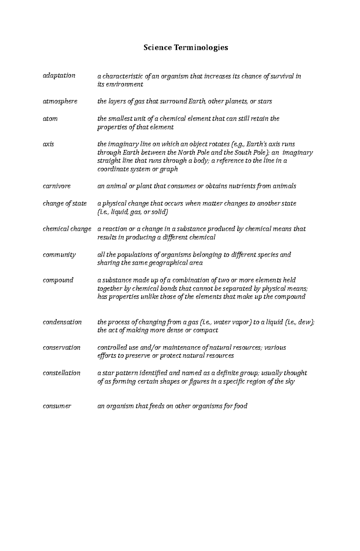 Science glossary grade 4 - Science Terminologies adaptation a ...