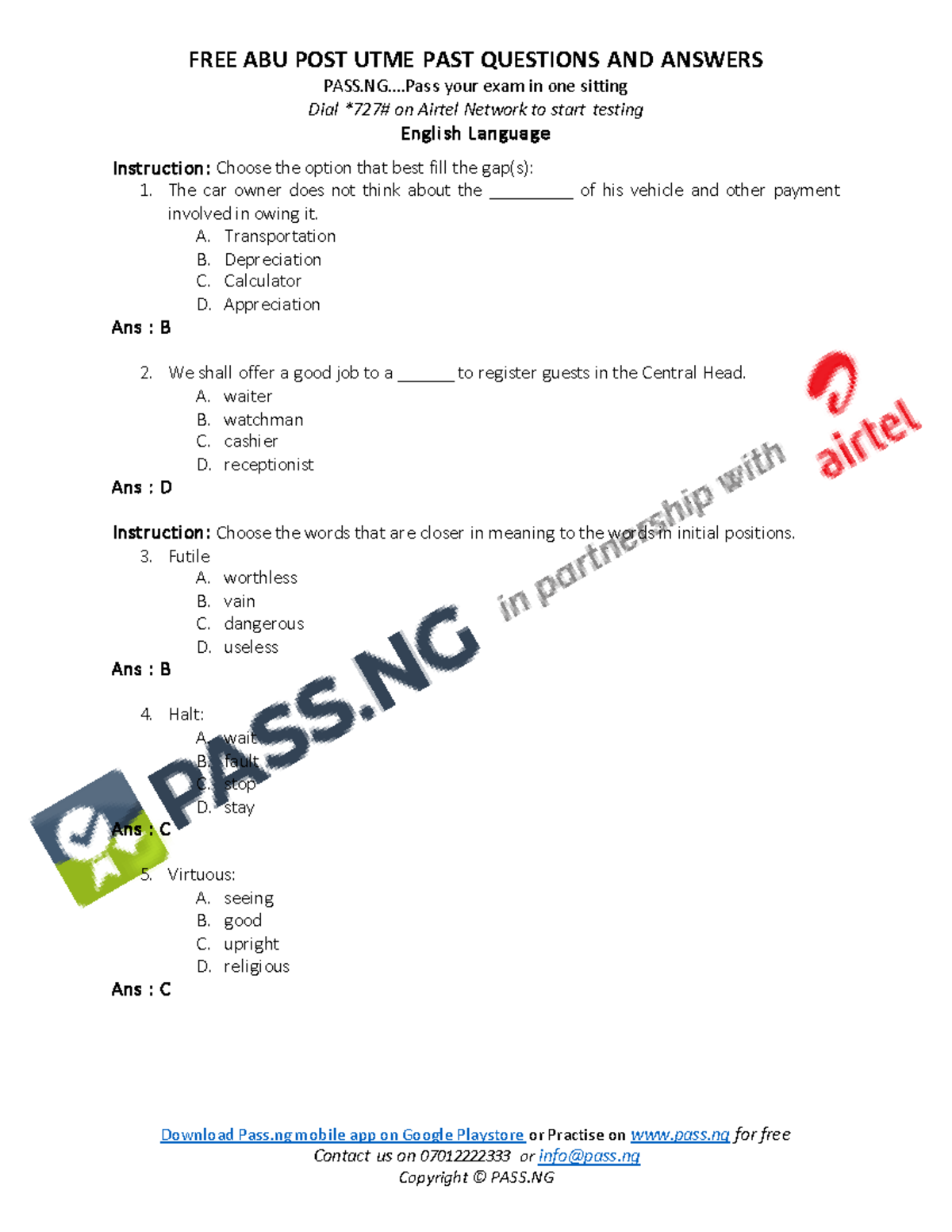 Abu post utme past questions and answers - PASS.NG... your exam in one ...