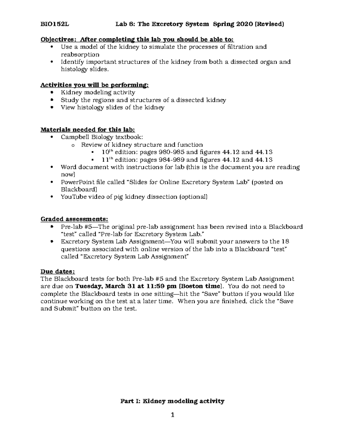 Instructions and Procedure for Excretory System Lab - Objectives: After ...
