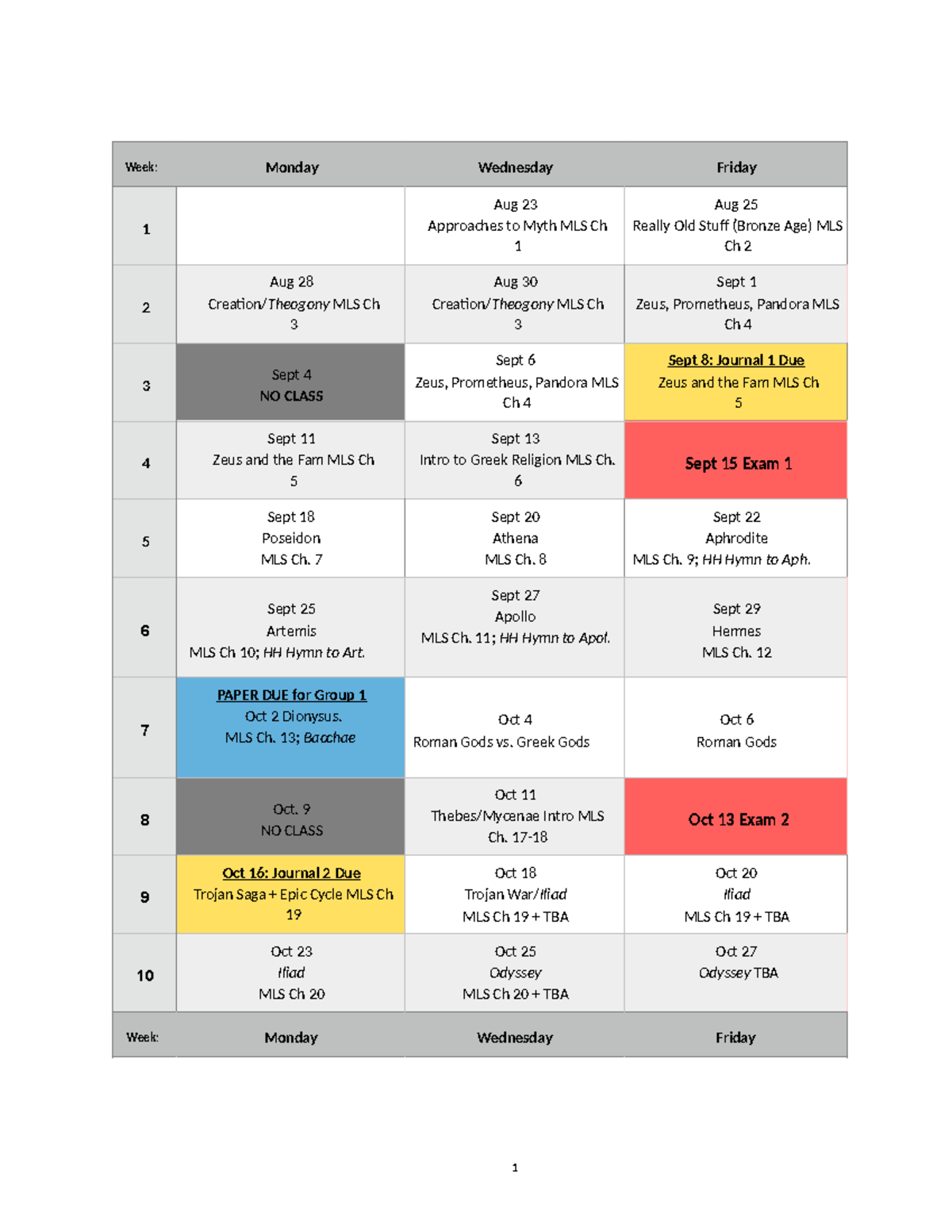 Mythology assignment schedule - Week: Monday Wednesday Friday 1 Aug 23 ...