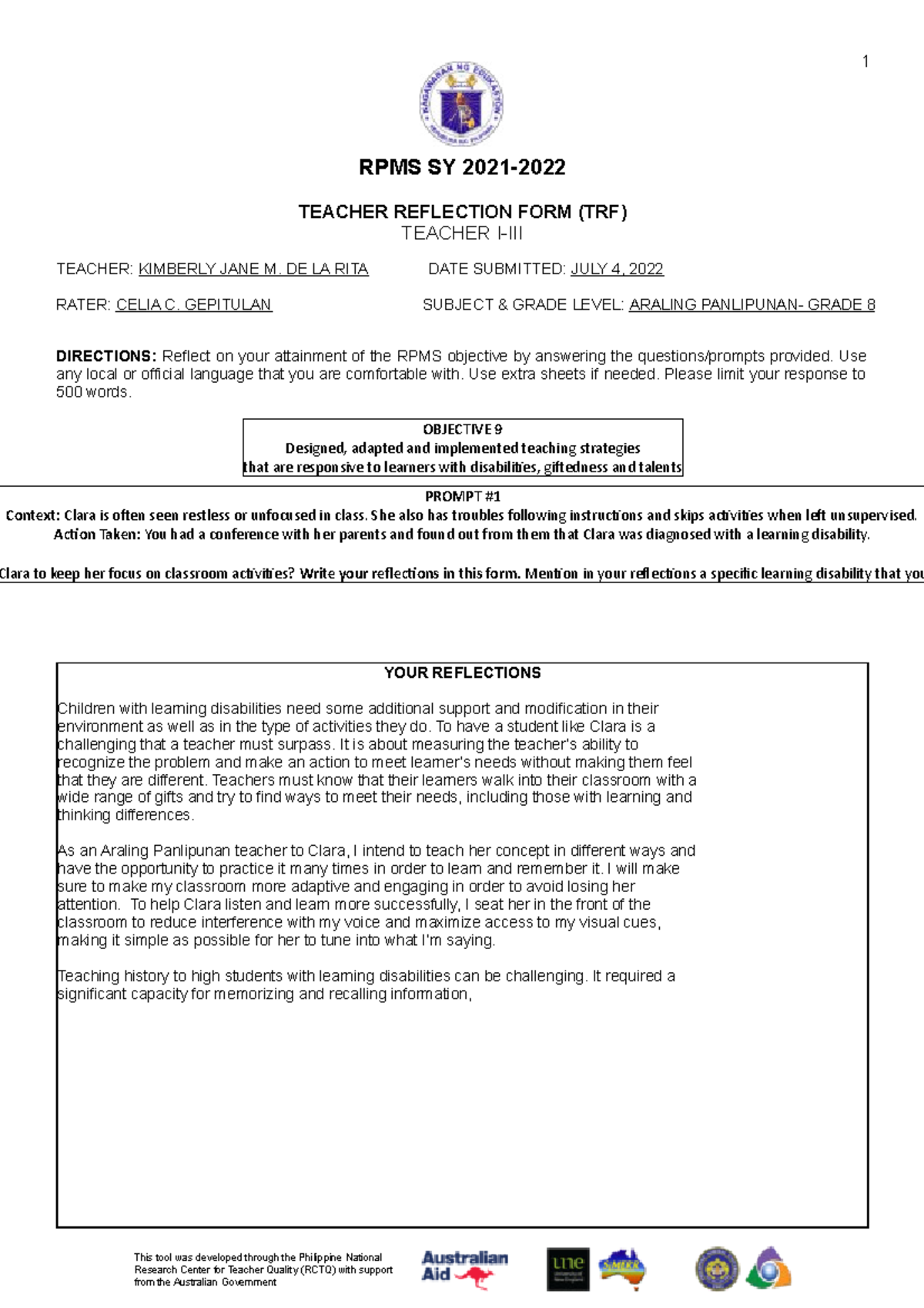 Appendix 4A Teacher Reflection Form for T I III for RPMS SY 2021 2022 ...