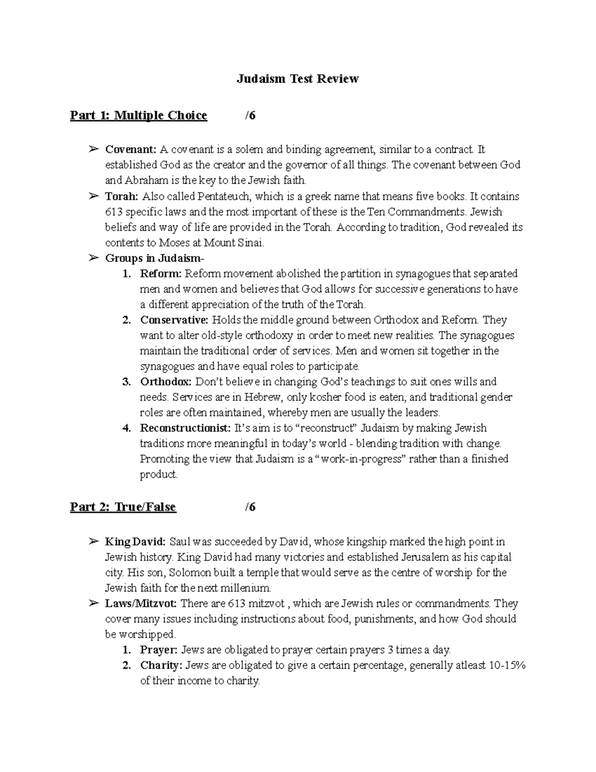 Judaism Test Review - Judaism Test Review Part 1: Multiple Choice ...