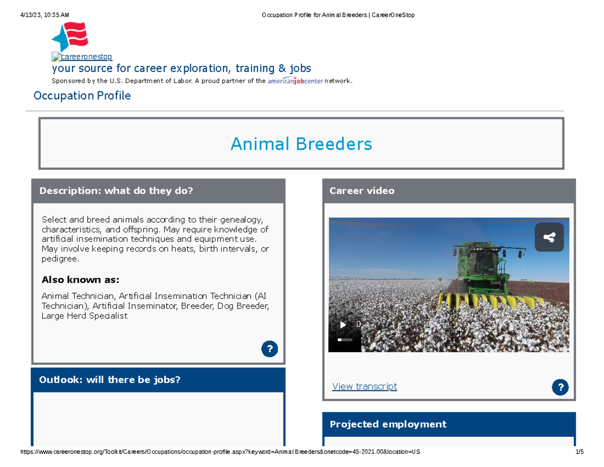 Occupation Profile for Animal Breeders Career One Stop - careeronestop ...