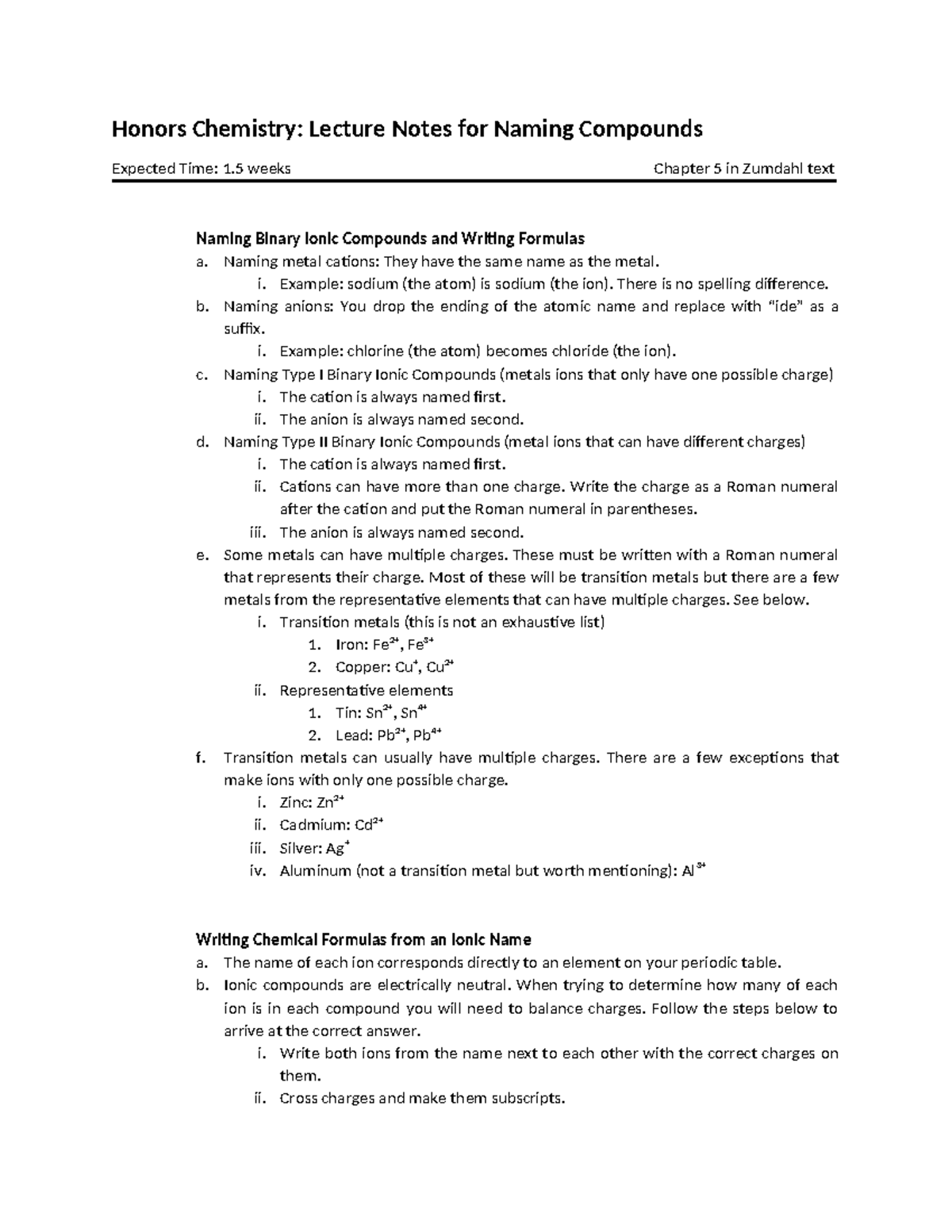 Lecture Notes Naming - I dont really know - Honors Chemistry: Lecture ...